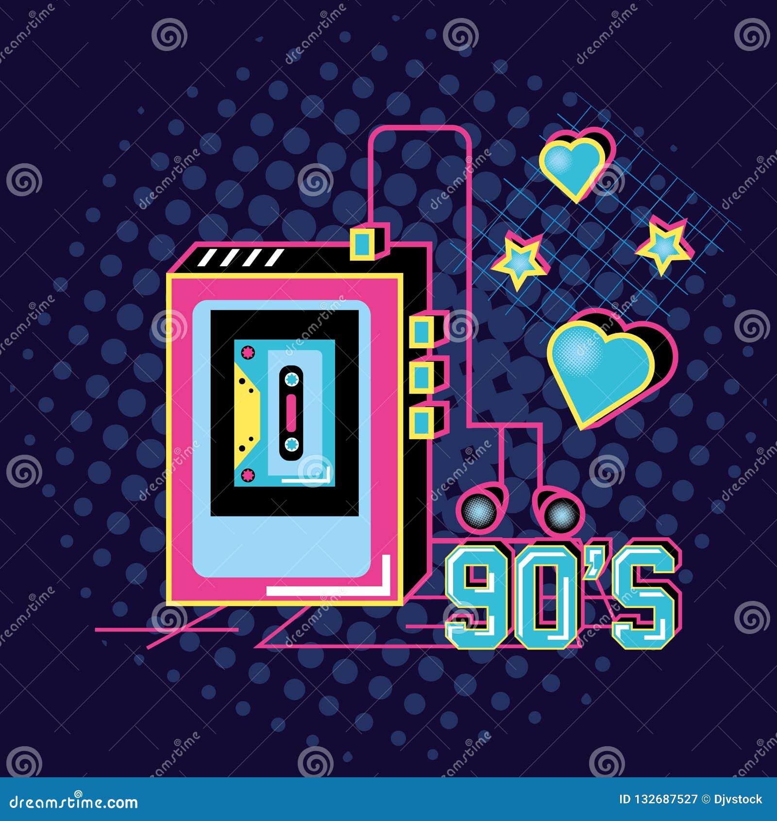 Walkman With Headphones And Radio Of Nineties Retro Cartoon Vector ...