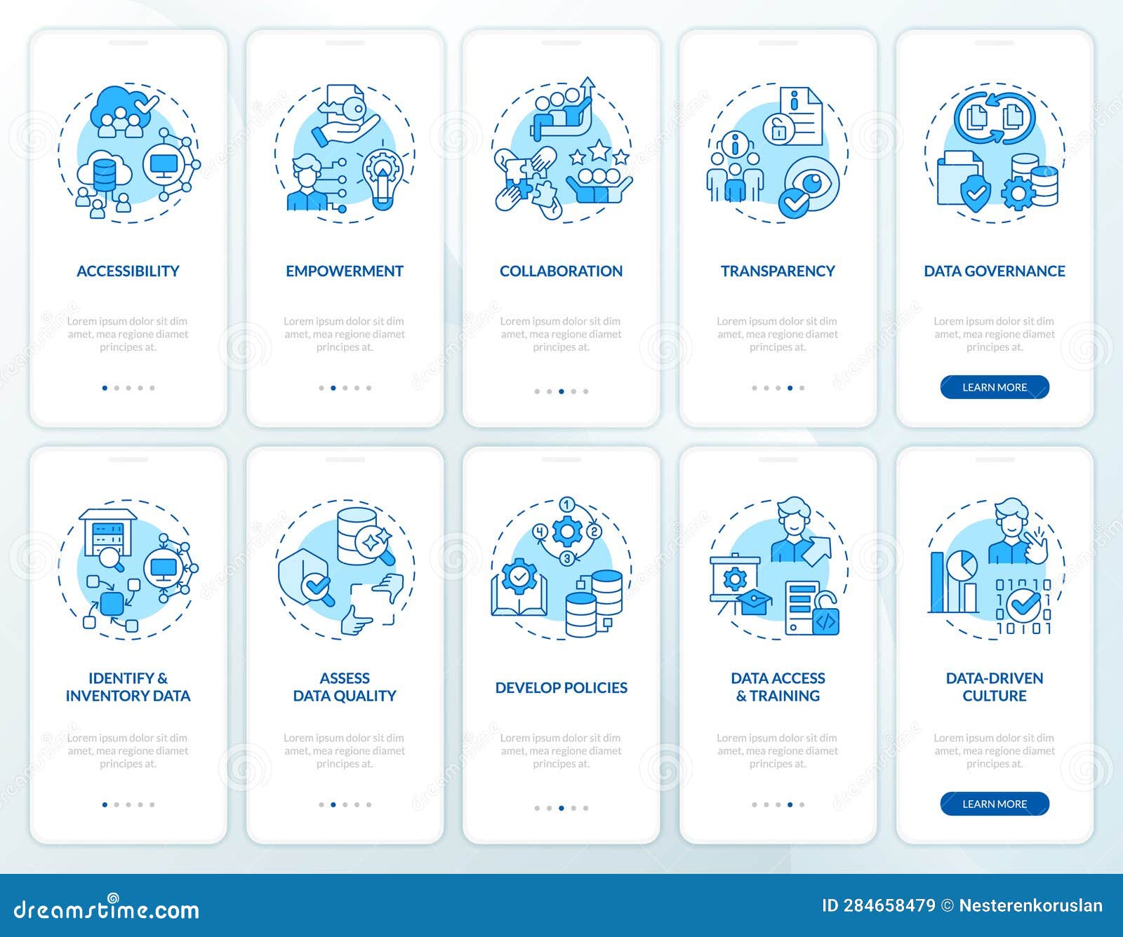 Walkthrough Data Democratization With Blue Linear Icons Concept Stock