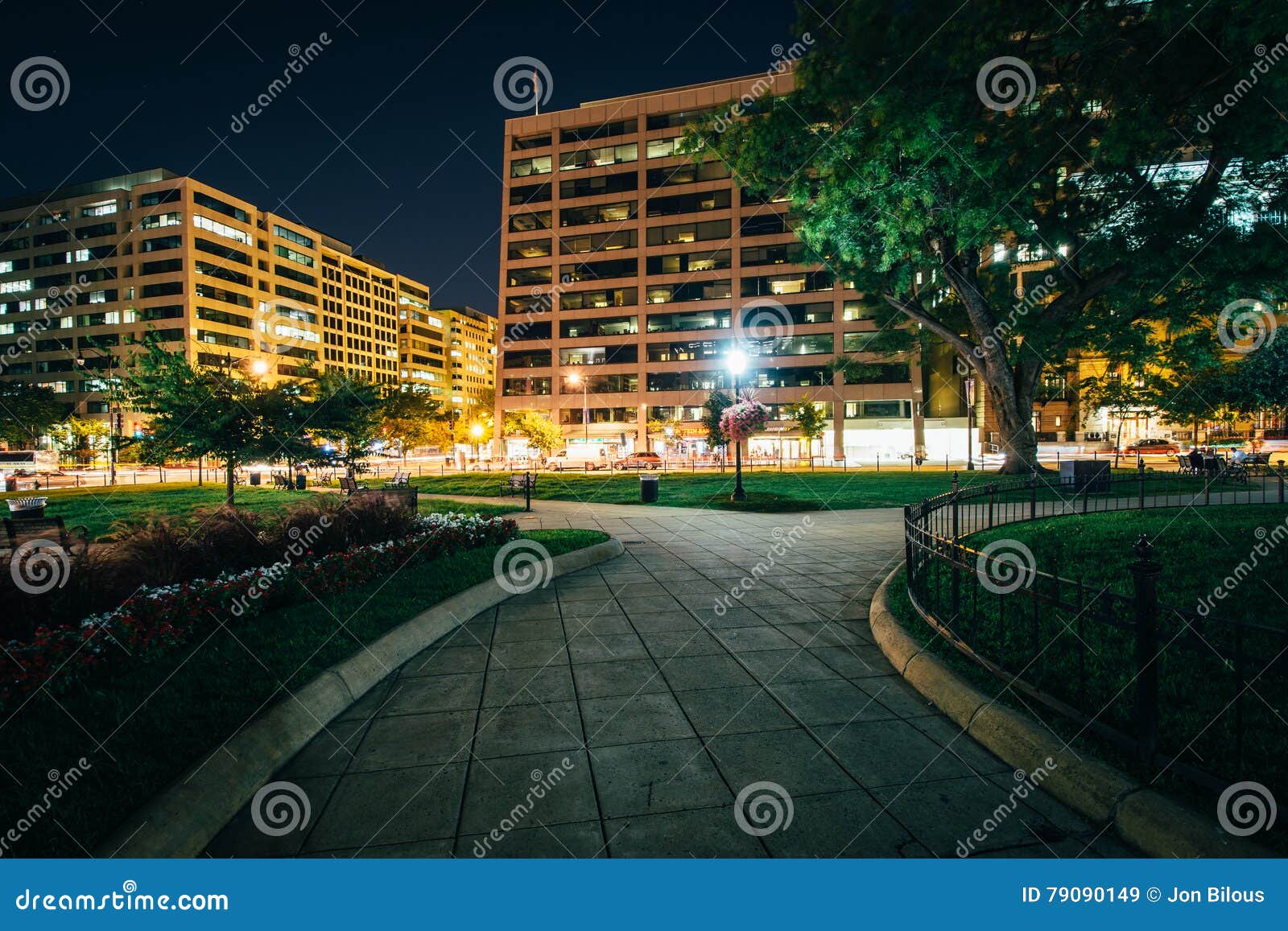 Walkway and Buildings at Farragut Square at Night, in Washington ...
