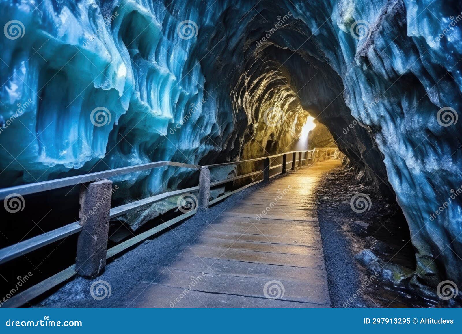 A Walkway Leading into an Illuminated Glacier Cave Stock Image - Image ...
