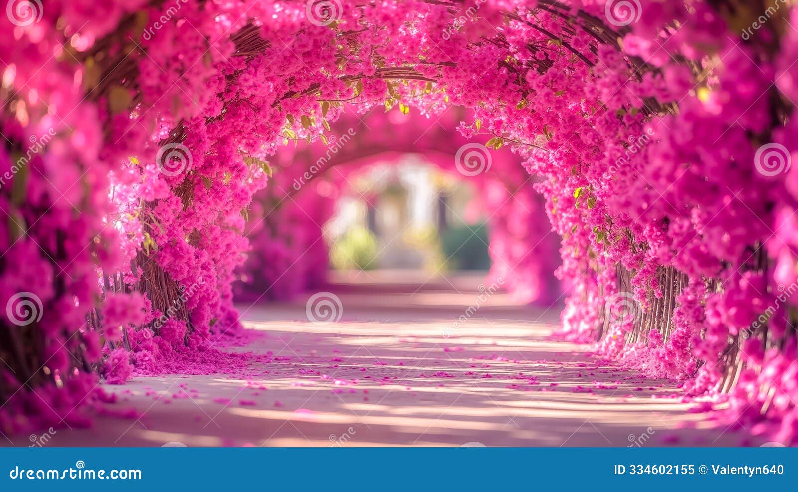 A Walkway Lined with Pink Flowers in the Middle of a Park Stock Image ...
