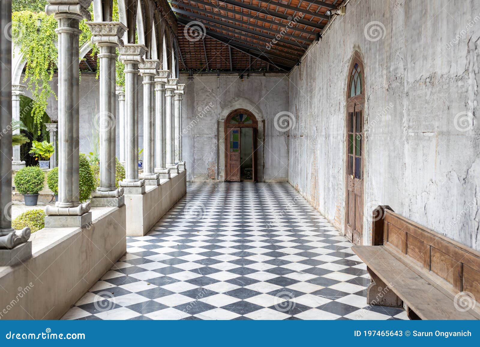 Walkway Path with Checkered Pattern Marble Tiles Floor in Old Gothic ...