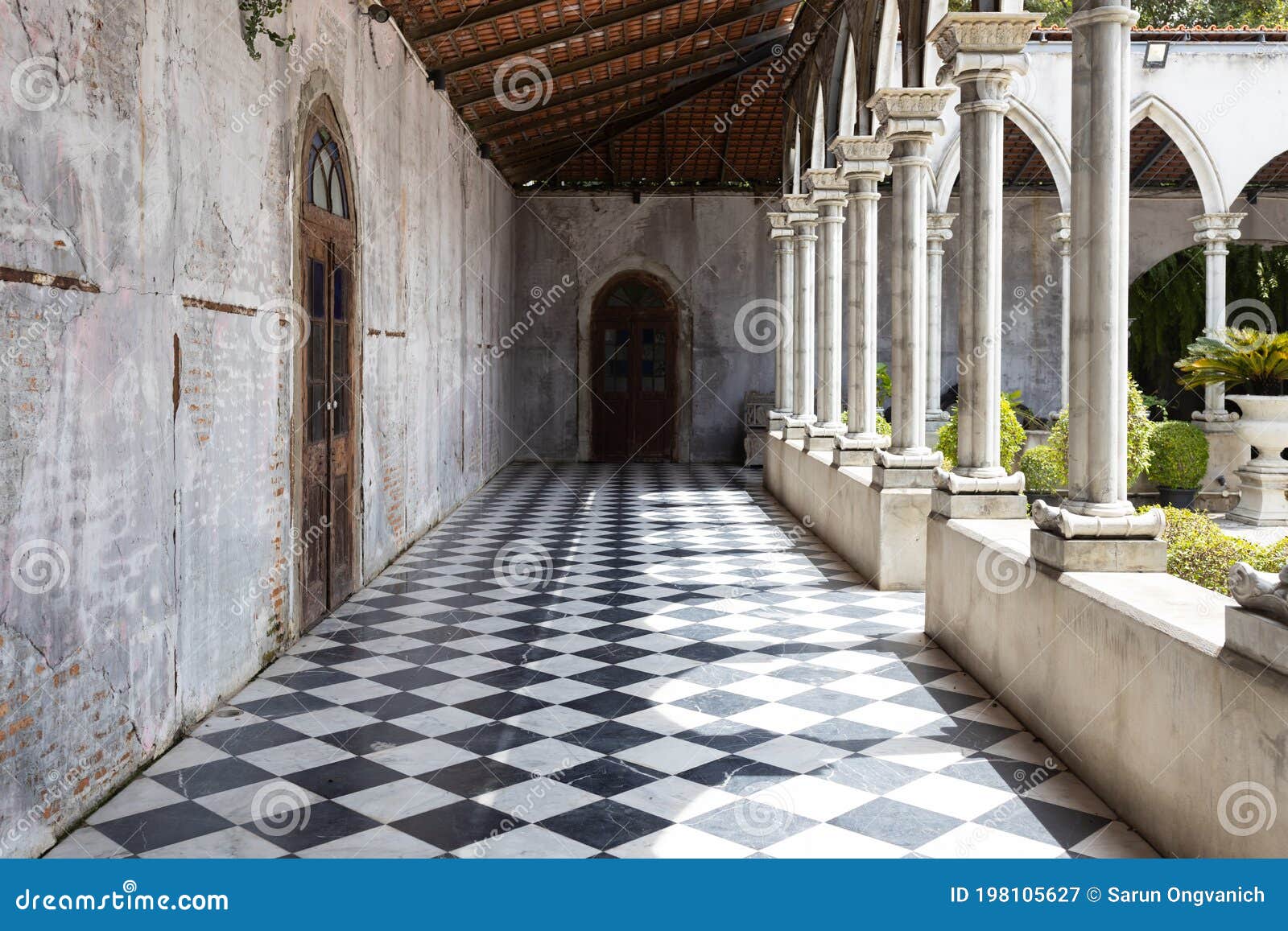 Walkway Path with Checkered Pattern Marble Tiles Floor and Shadow from ...