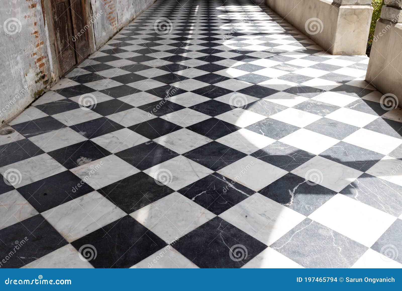 Walkway Path with Checkered Pattern Marble Tiles Floor and Shadow from ...