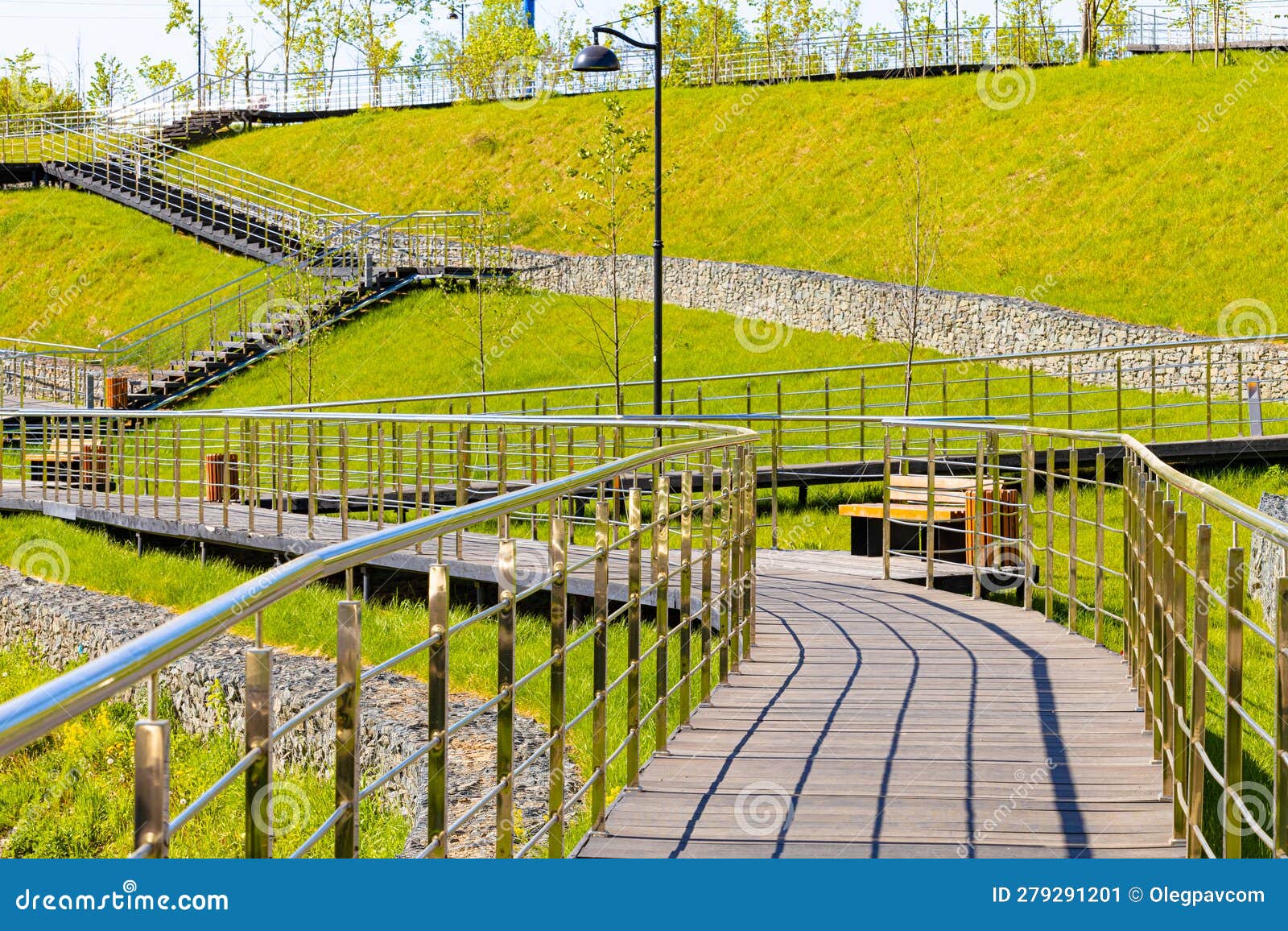 Walkway with Railings in a Deserted Park Stock Image - Image of grass ...