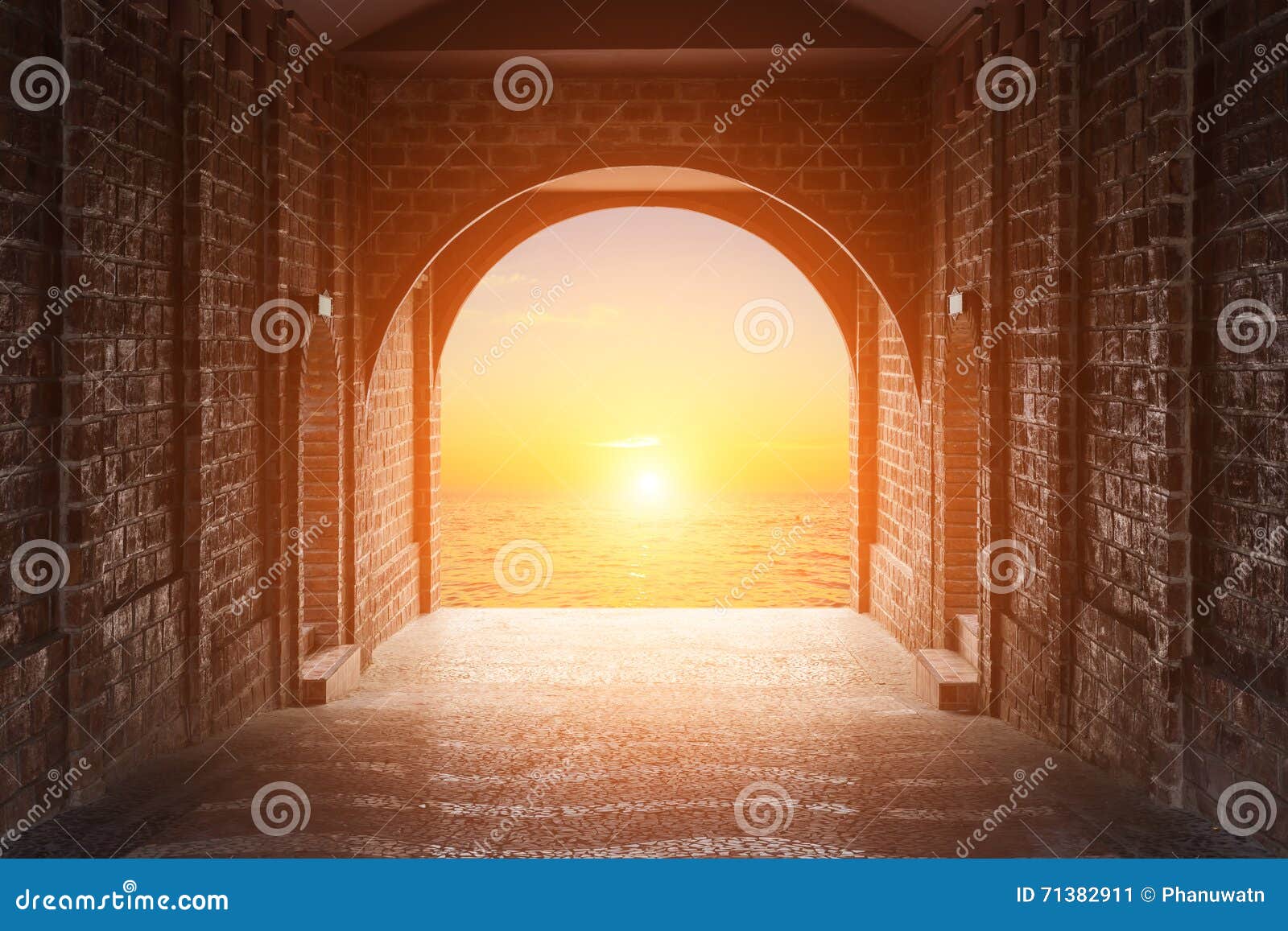 Walkway Tunnel Made by Red Brick and View of Sunset or Sunrise Stock ...