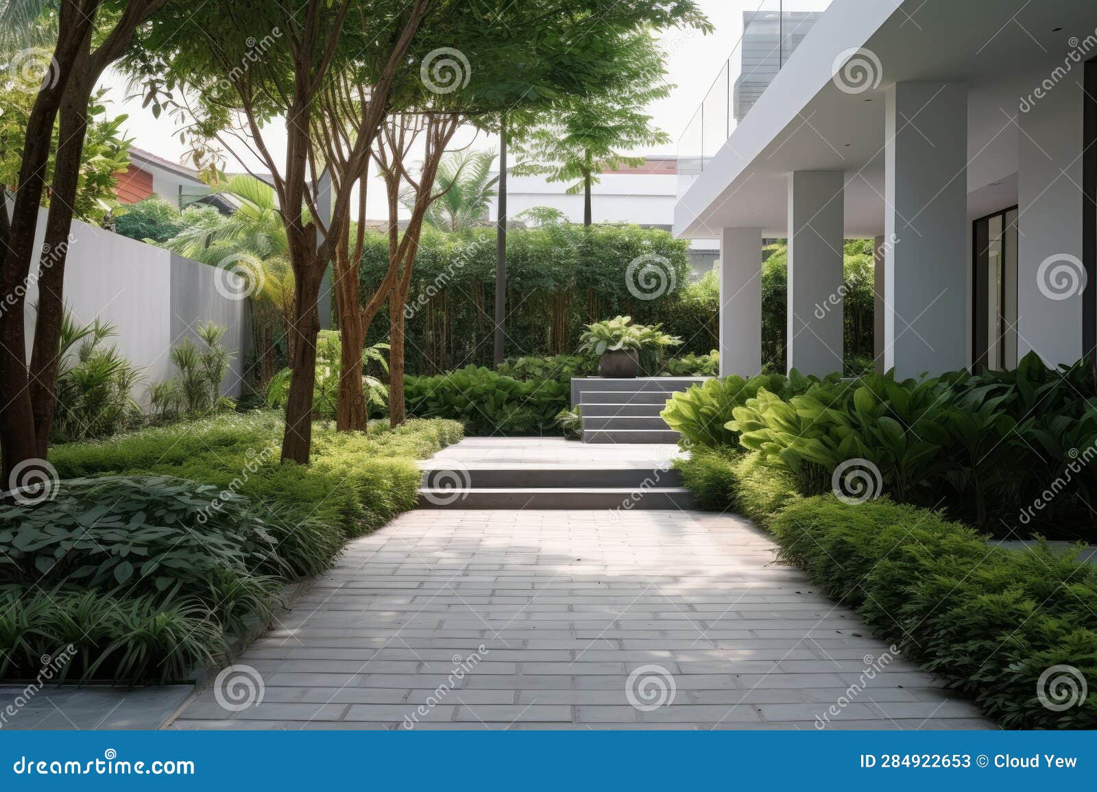A Walkway between Two Buildings with Trees Stock Illustration ...