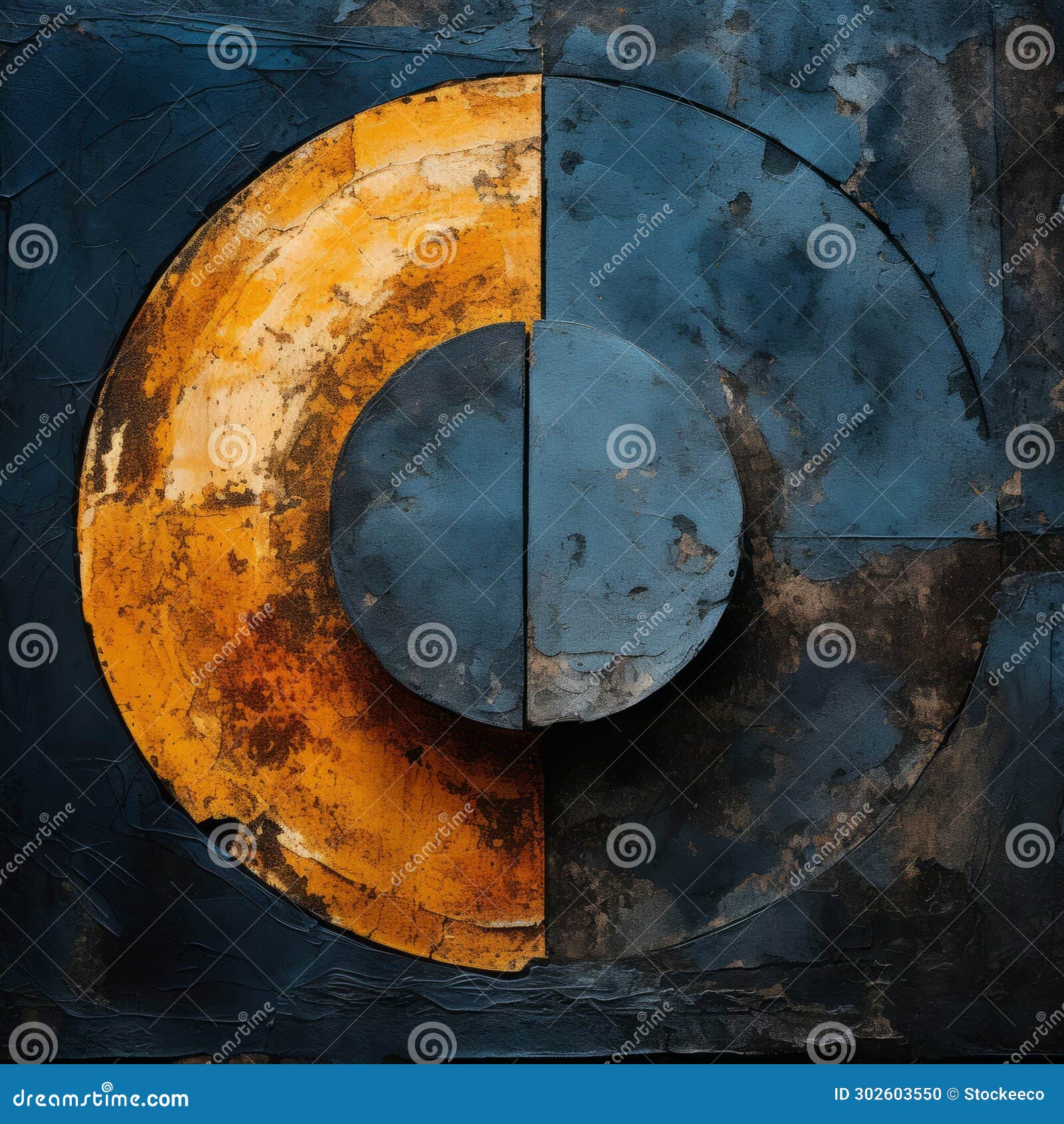 Abstract Artwork: Circular Metal Frame with Rust and Dark Indigo and ...