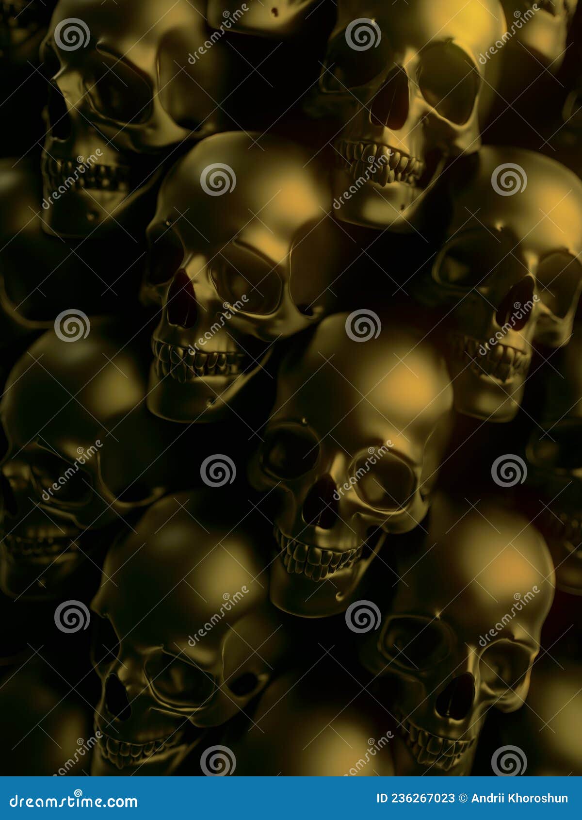 Wall of Black Shiny Skulls with Depth of Field Effect. 3d Rendering ...