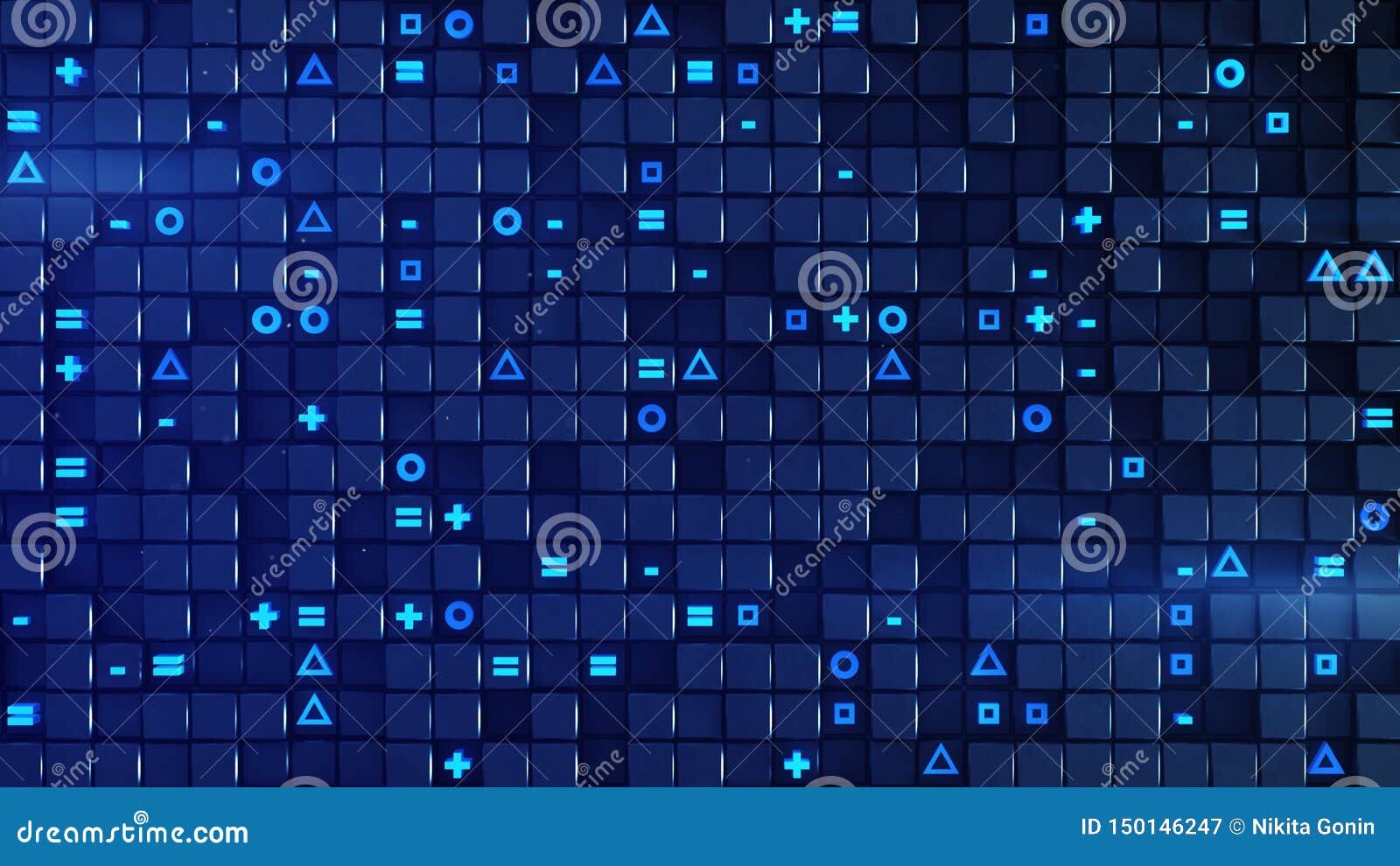 Wall of Blue Cubes and Random Symbols Abstract 3D Rendering Stock ...