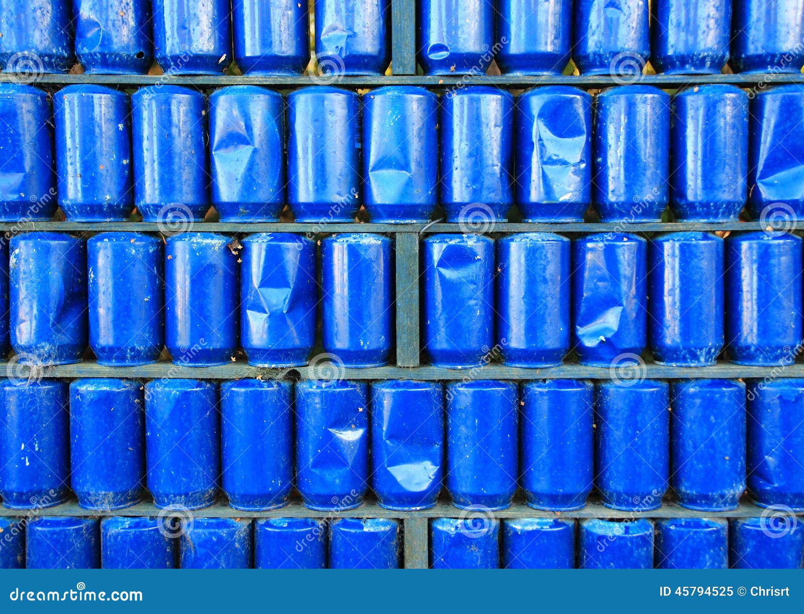 Wall of Blue Painted Used Metal Cans Background Stock Image - Image of ...