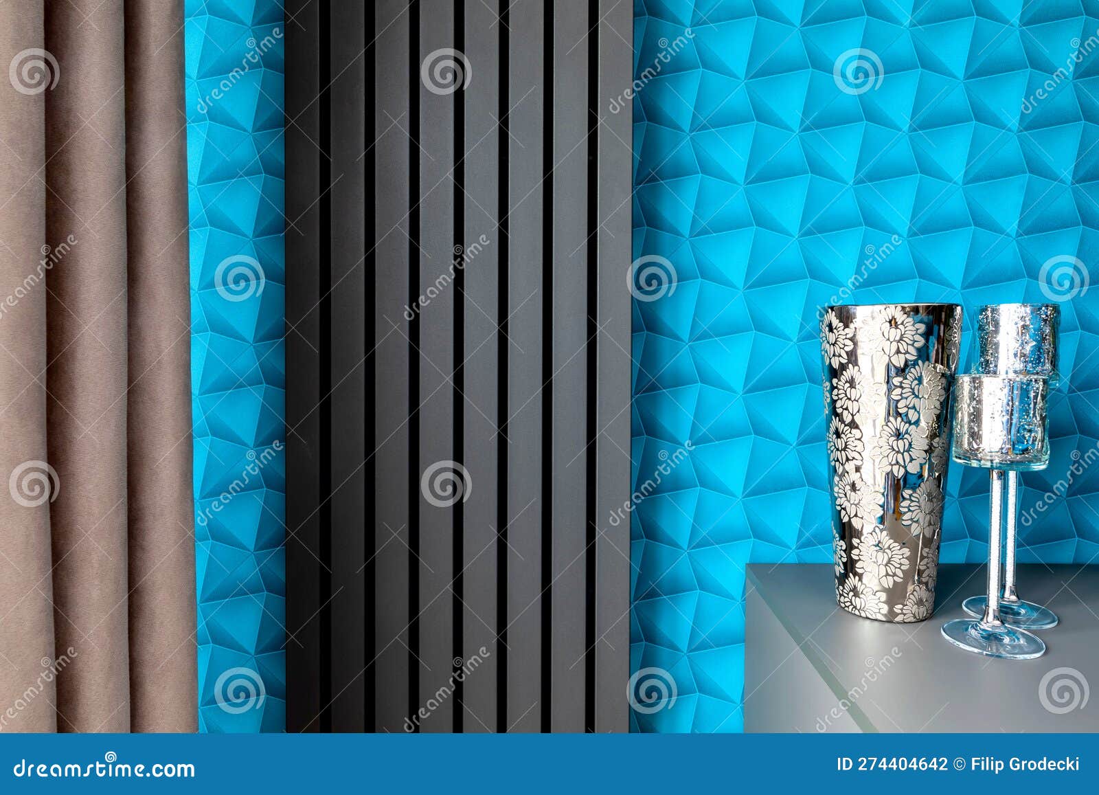 A Wall with Blue Patterned Wallpaper. a Modern Gray Radiator ...