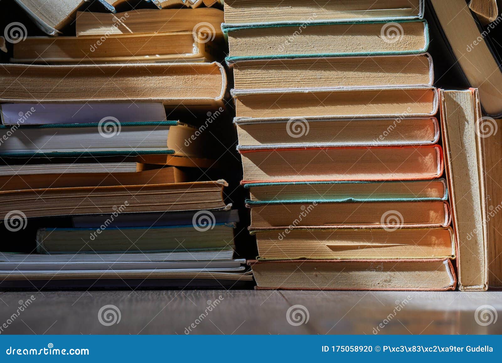 Wall of books piled up stock photo. Image of dirty, house - 175058920
