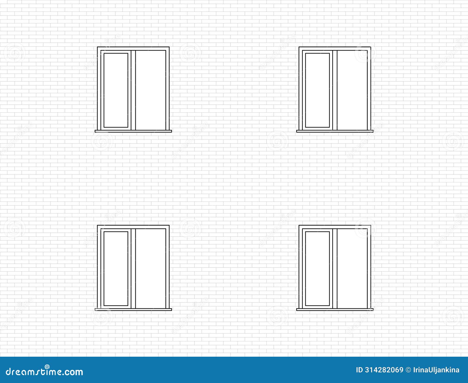 Wall of a Brick House with Four Windows. Contour Drawing Isolated on ...