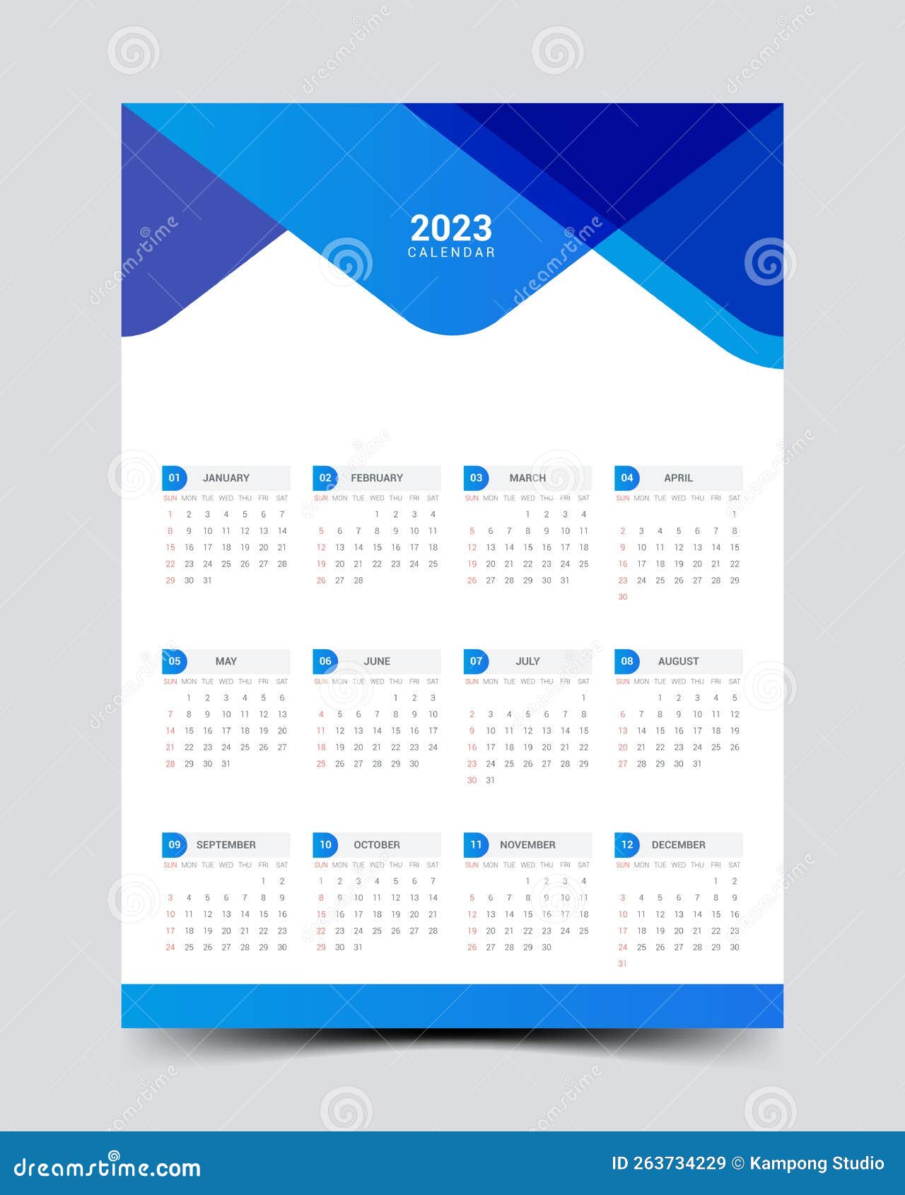 2023 Wall Calendar Design Template with Blue Shape Stock Vector ...