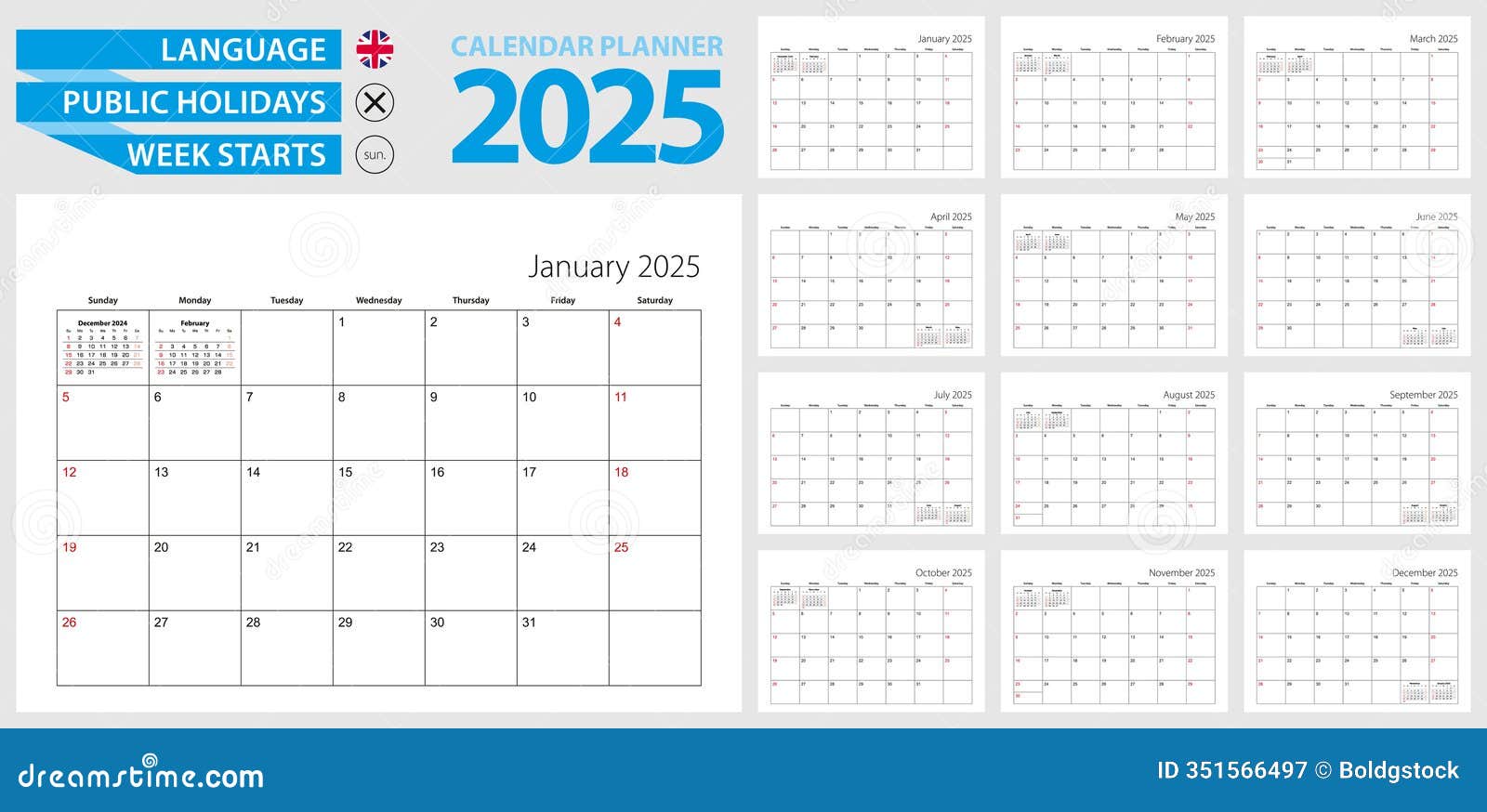 Wall Calendar Planner for 2025. English Language, Week Starts from ...