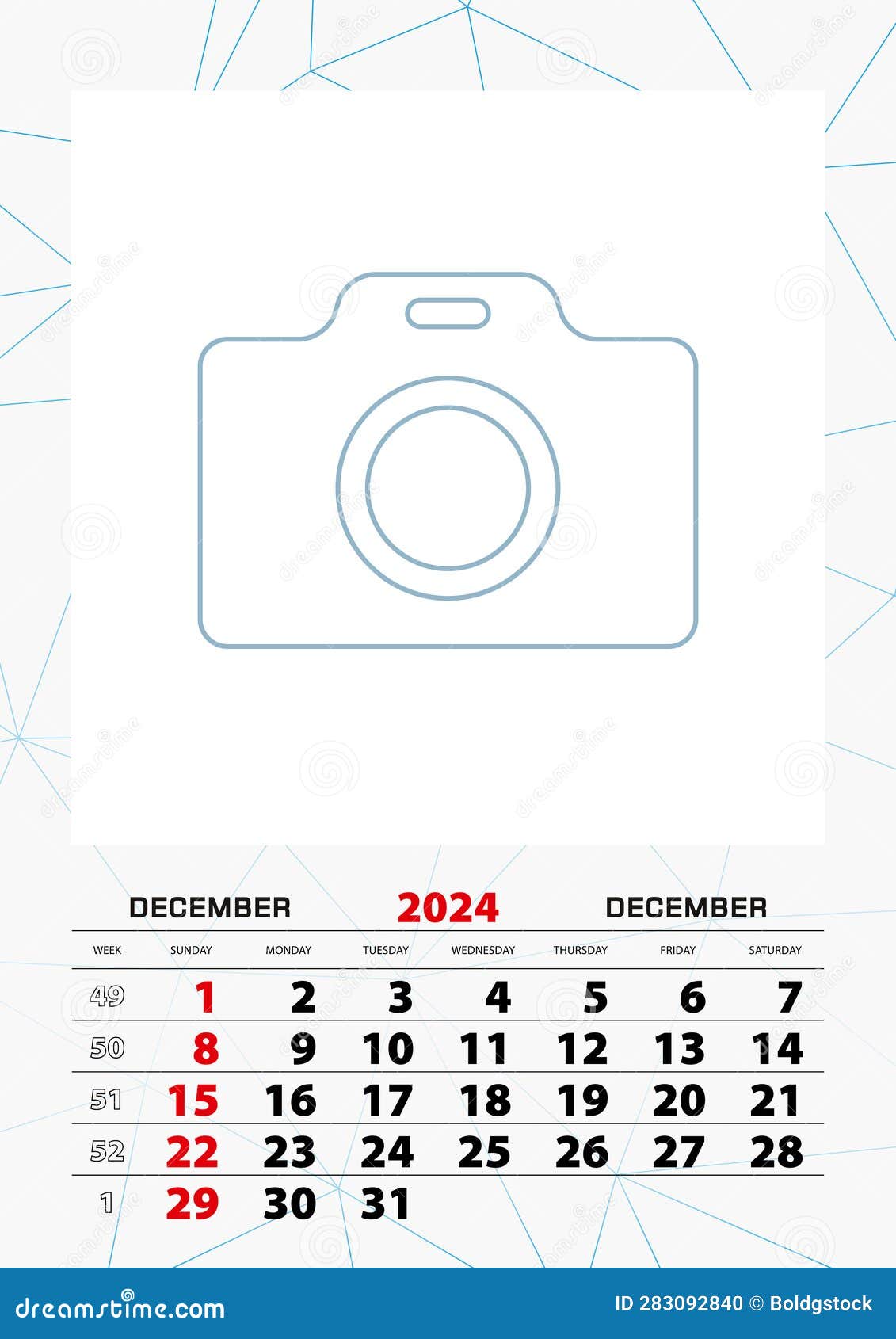 Wall Calendar Planner Template for December 2024, Week Starts on Sunday ...