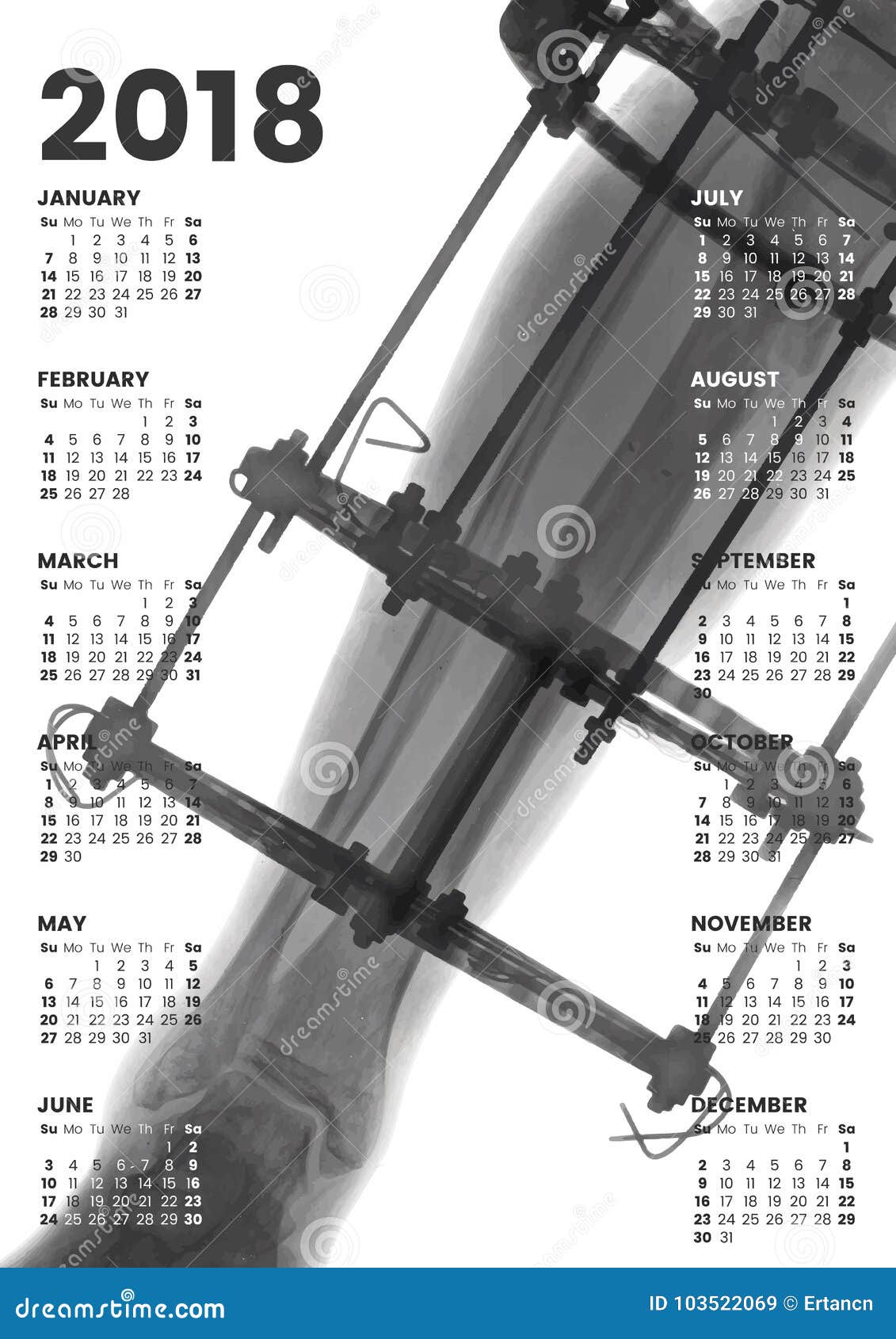 Wall Calendar 2018 X-Ray Leg Stock Vector - Illustration of march ...