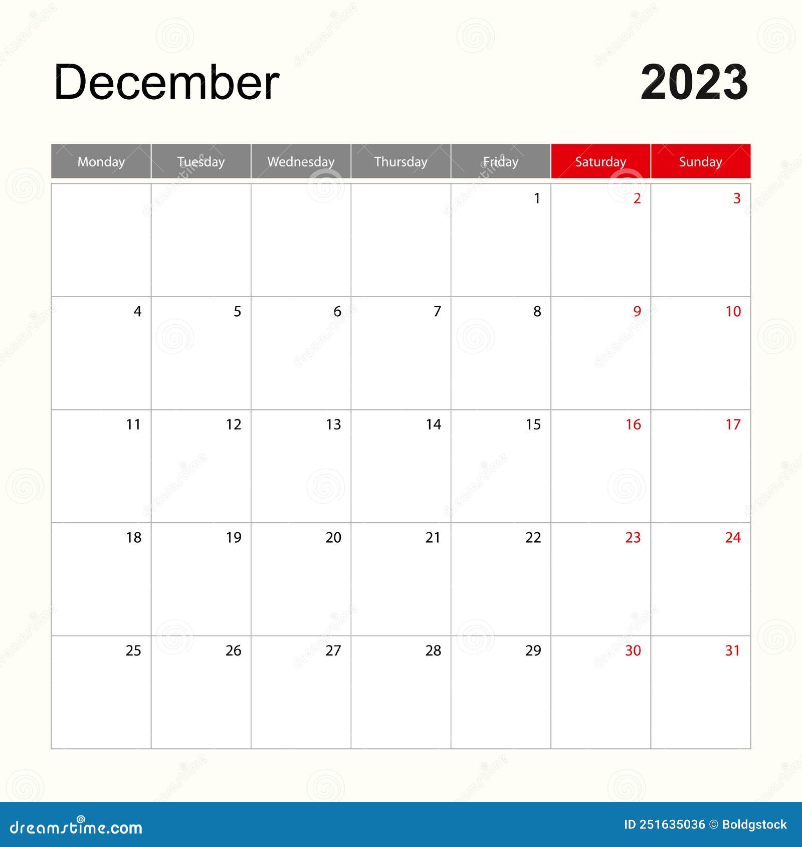 Wall Calendar Template for December 2023. Holiday and Event Planner ...