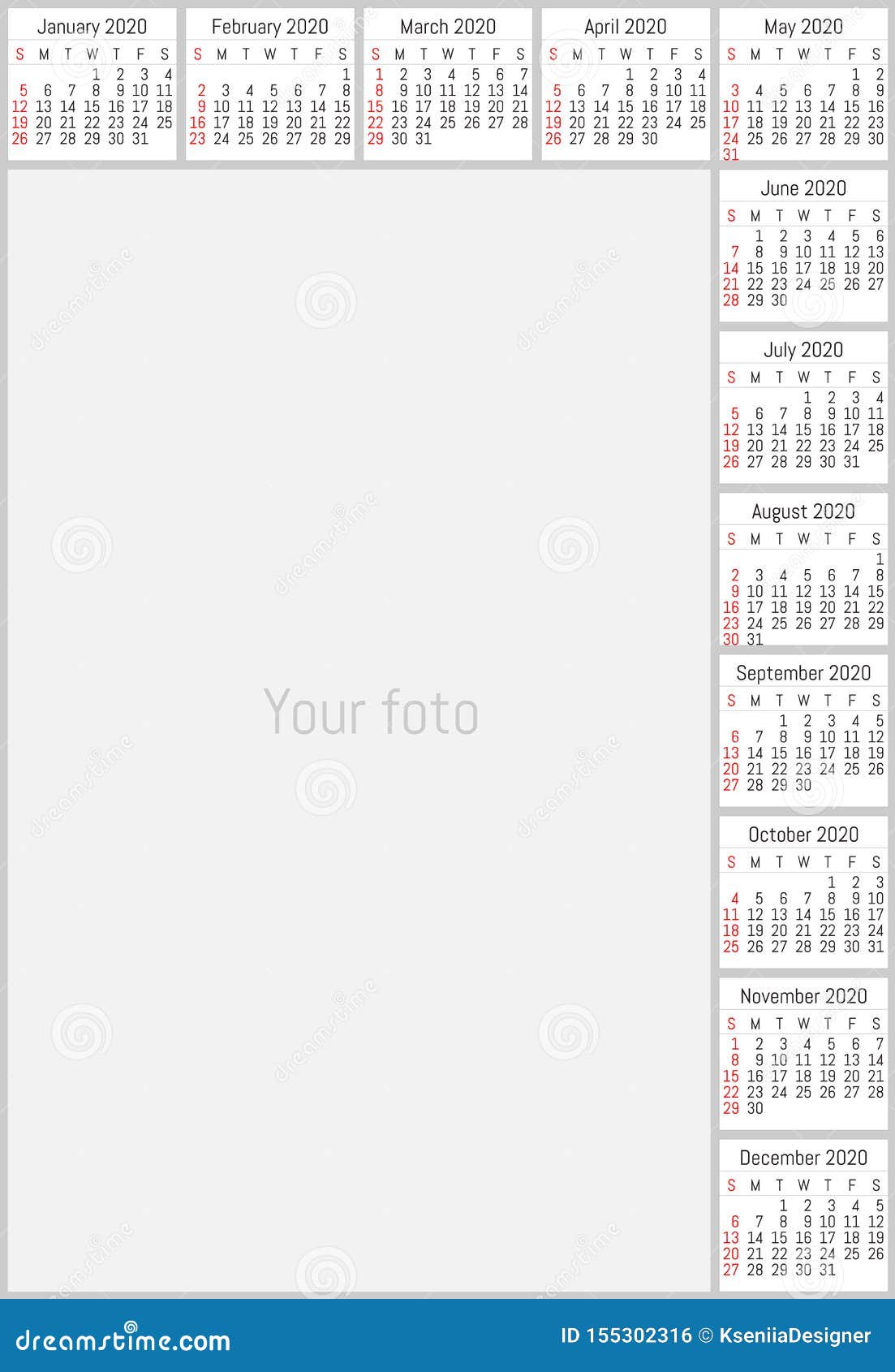 2020 Wall Calendar. Vector Simple Design Stock Vector - Illustration of ...