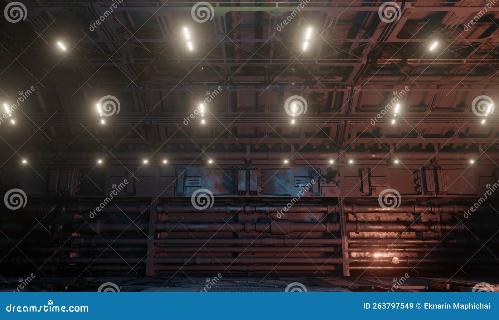 Wall and Ceiling Metal Control Room Laboratory in Dark Scene Stock ...