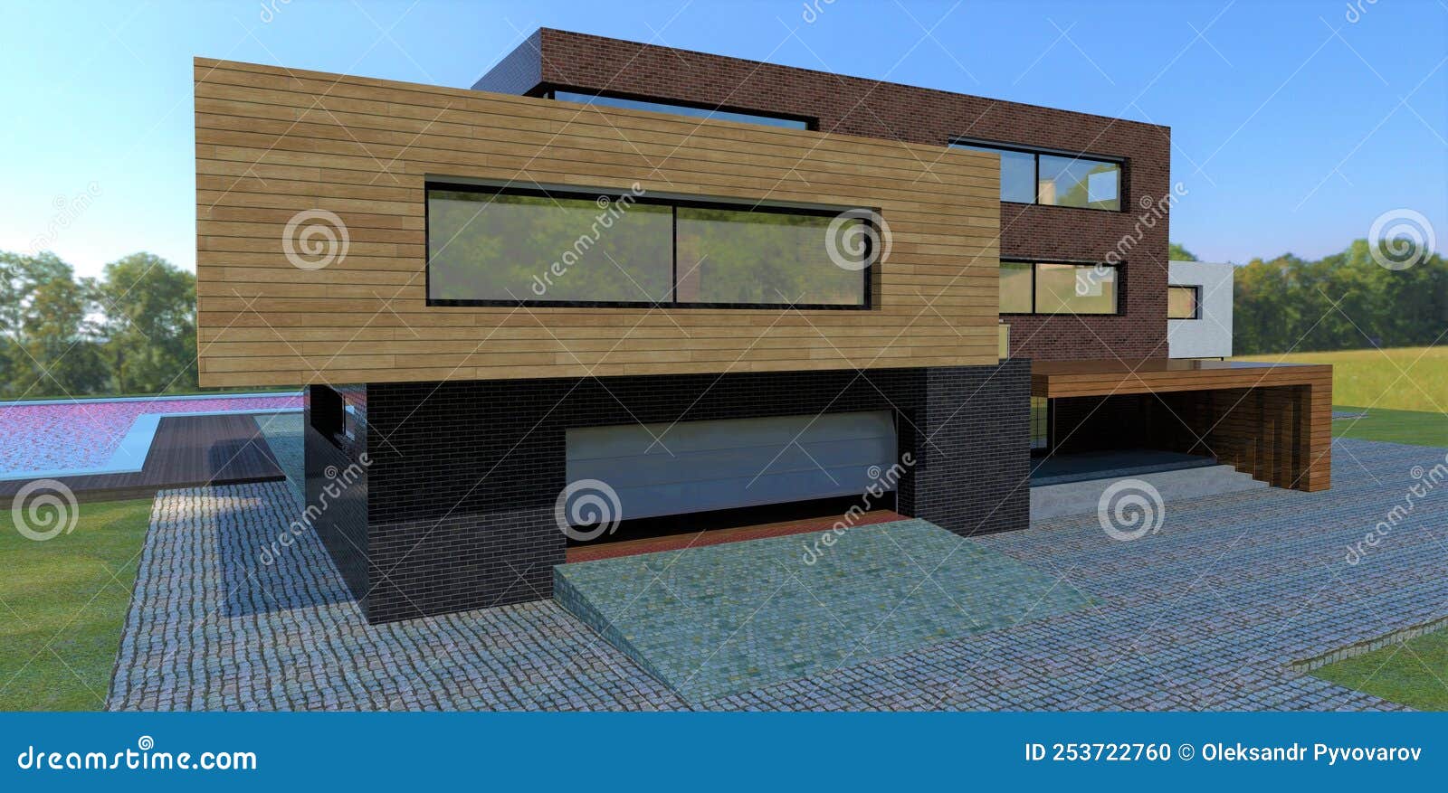 Facade Of A Two-story Classic House With Windows. 3D Rendering Royalty ...