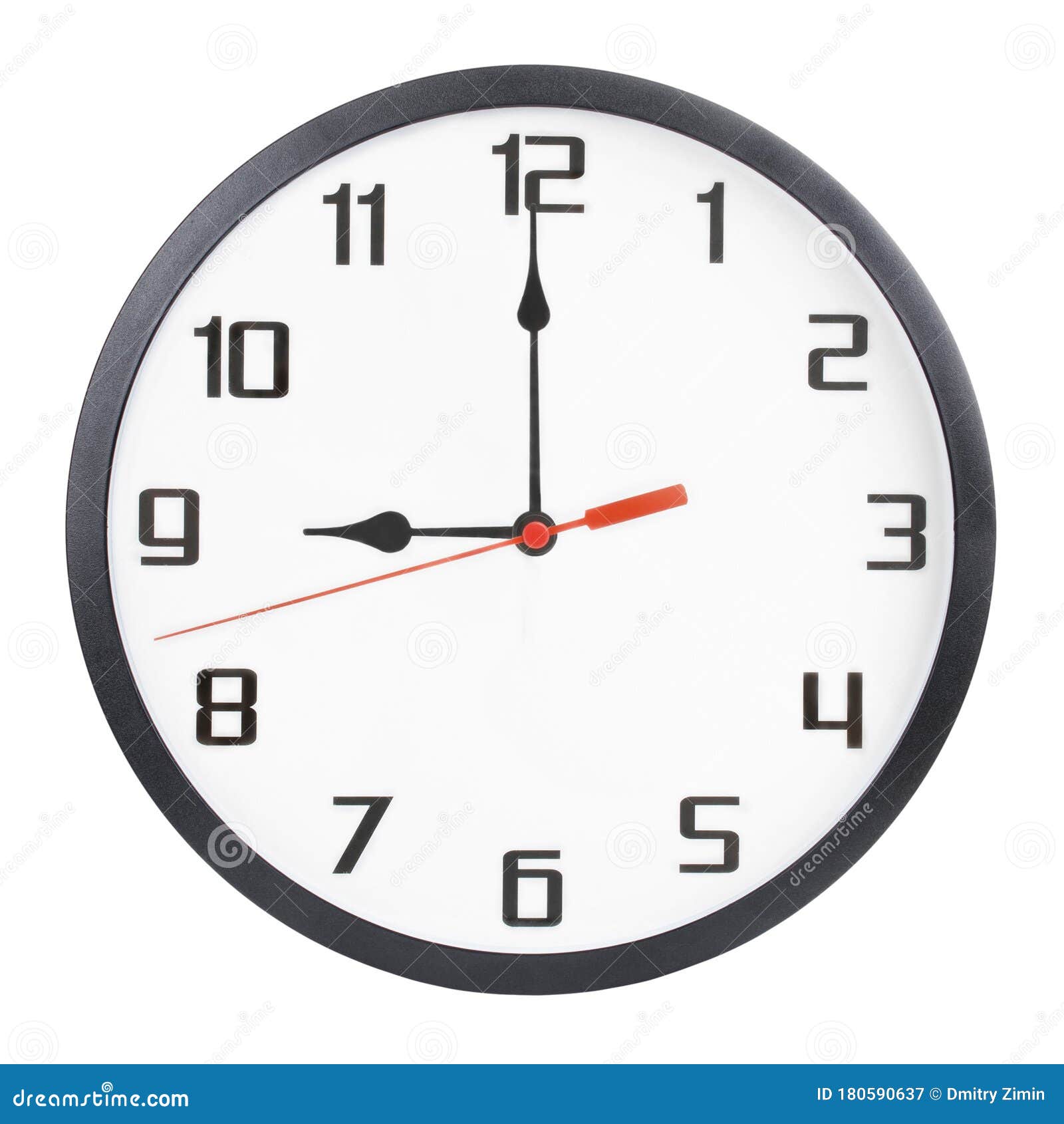 Wall Clock Isolated on White Background. 9 P.m. or 9 a.m. Stock Image ...