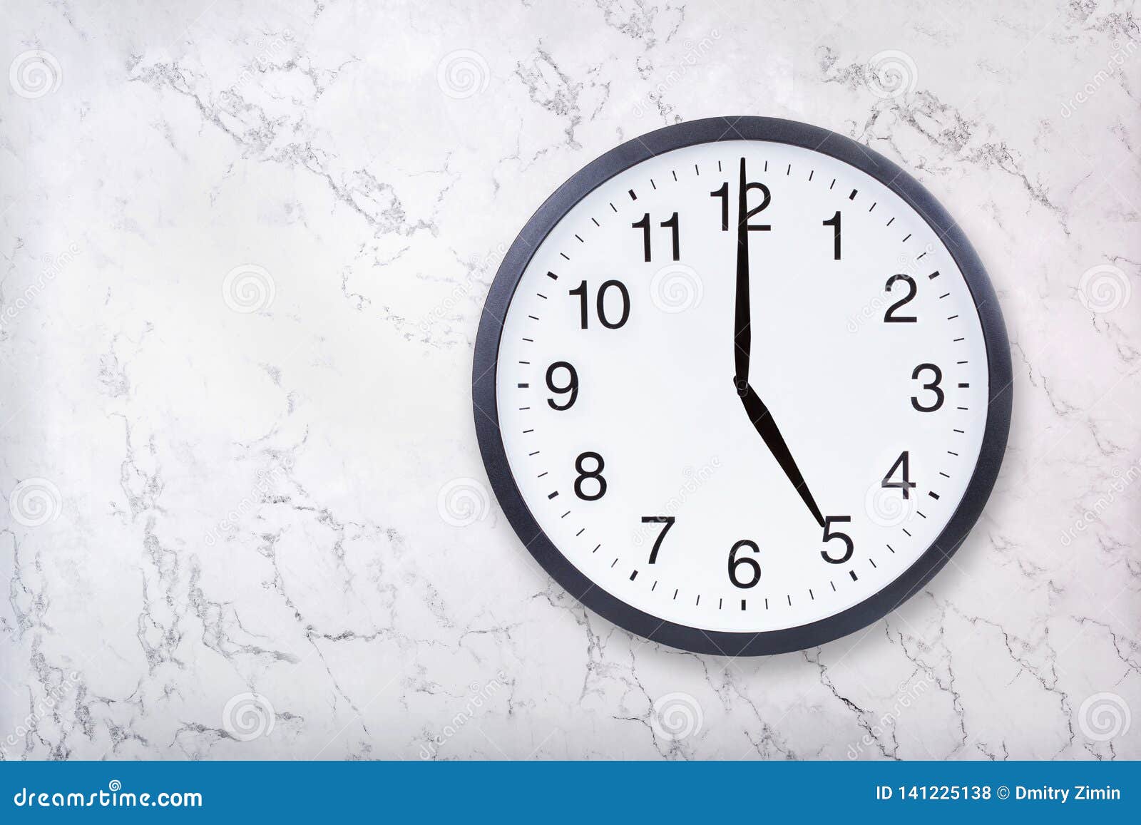 Wall Clock Show Five O`clock on White Marble Texture. Office Clock Show ...