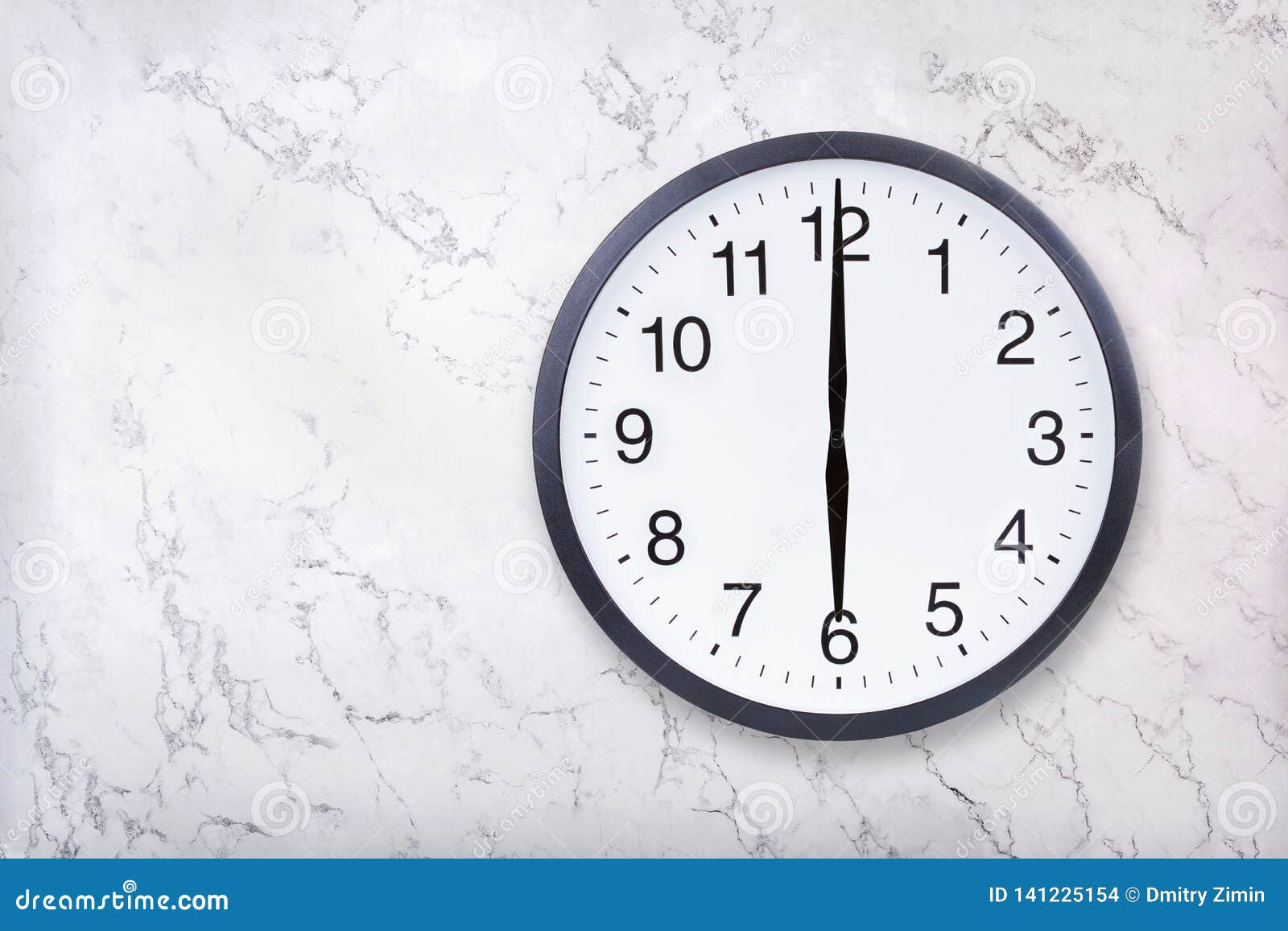 Wall Clock Show Six O`clock on White Marble Texture. Office Clock Show ...
