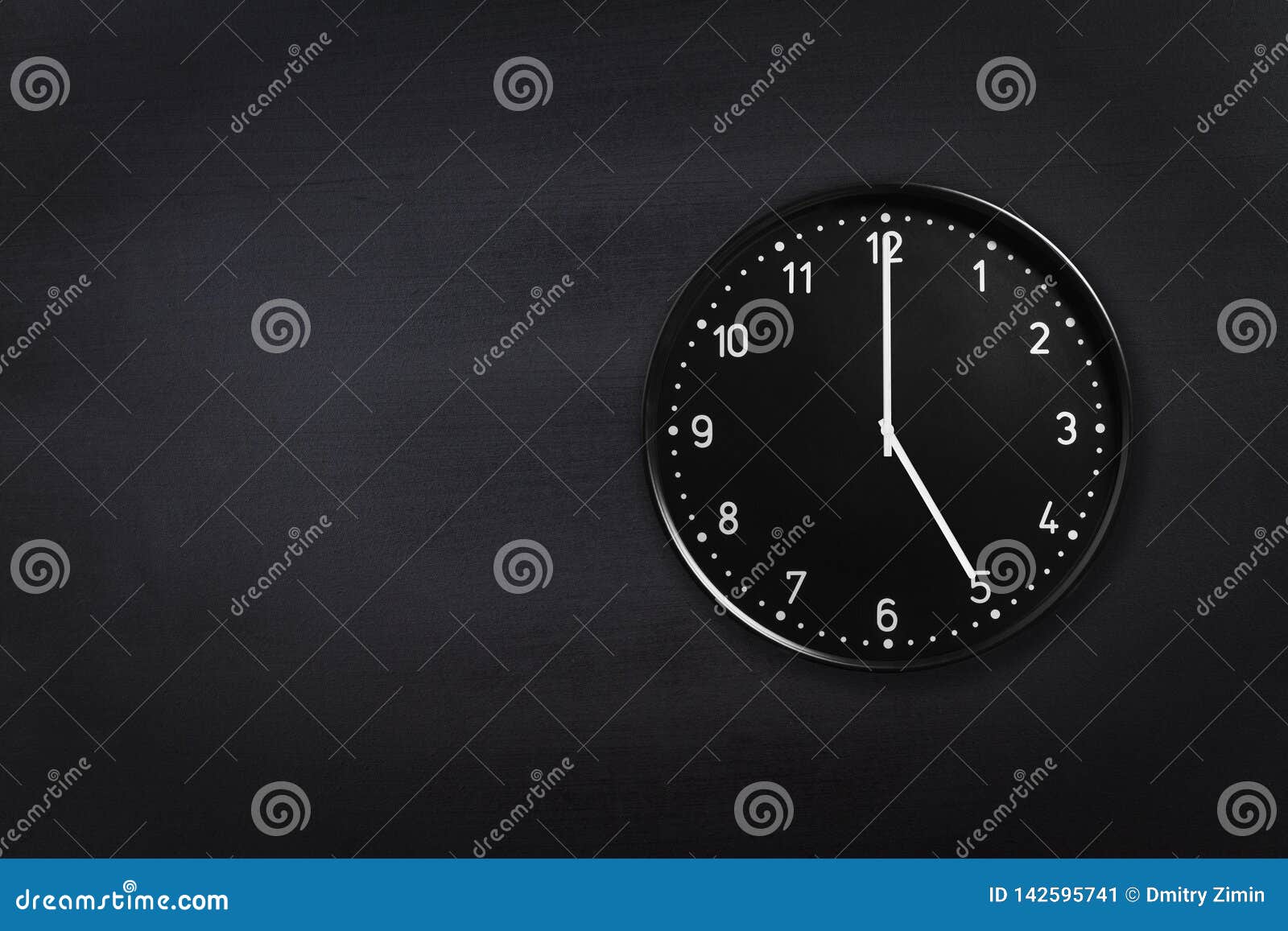 Wall Clock Showing Five O`clock On Black Chalkboard Background. Office ...