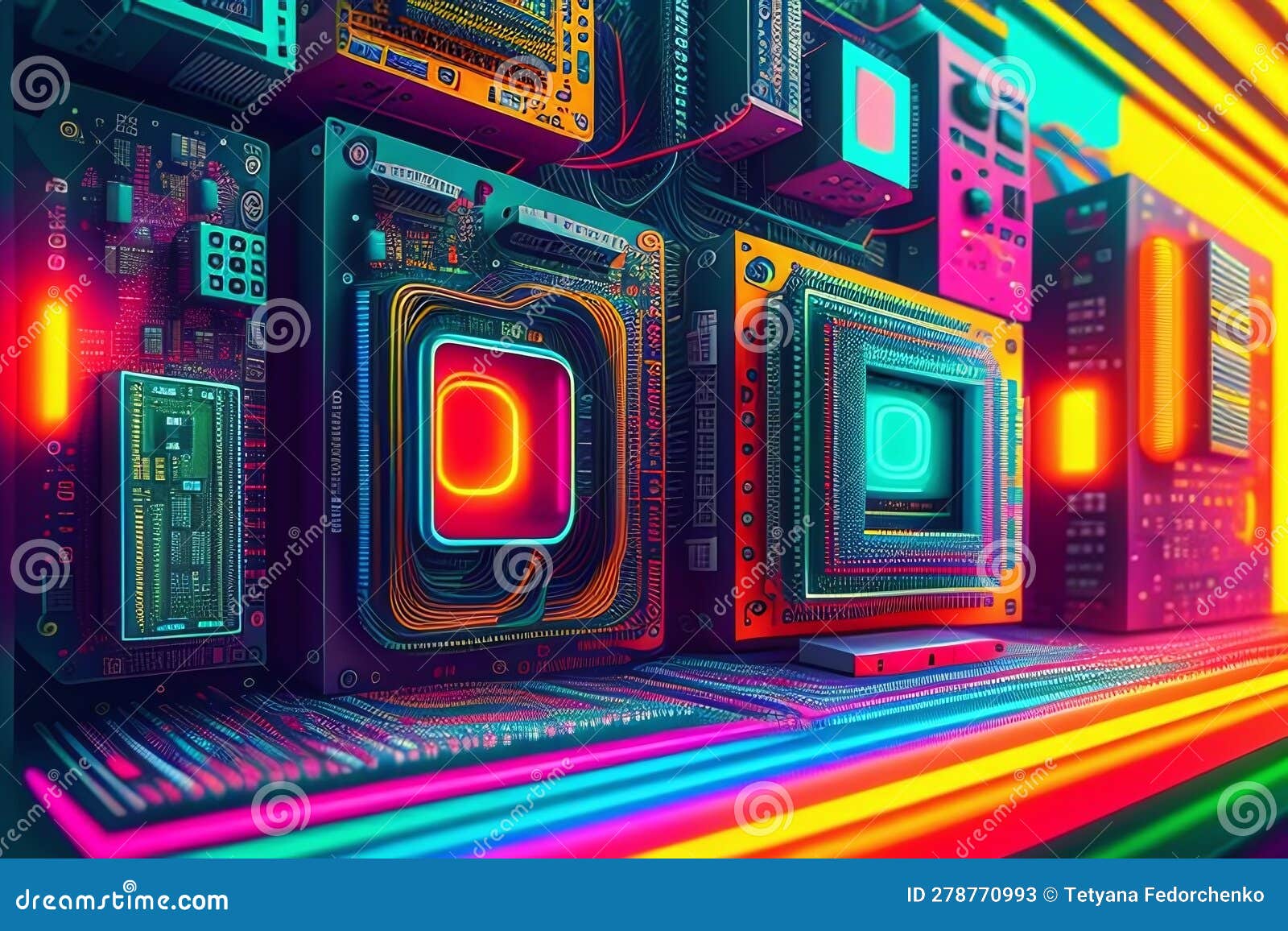 A Wall of Colorful Neon Lights and a Display of Electronics Stock ...