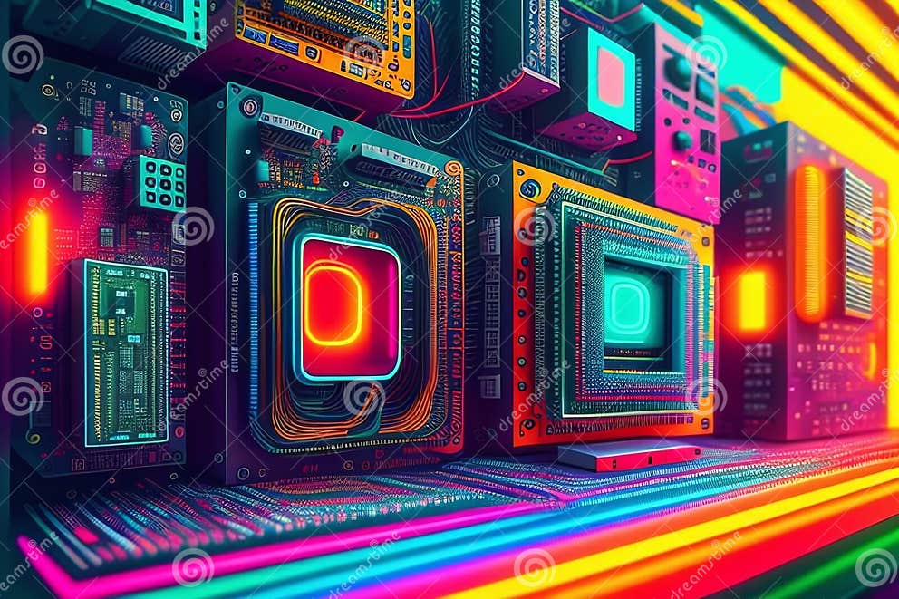 A Wall of Colorful Neon Lights and a Display of Electronics Stock ...