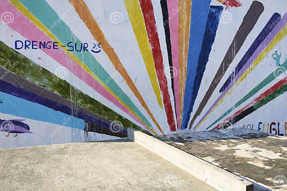 Wall with Colorful Stripes and Writing Stock Photo - Image of crafts ...