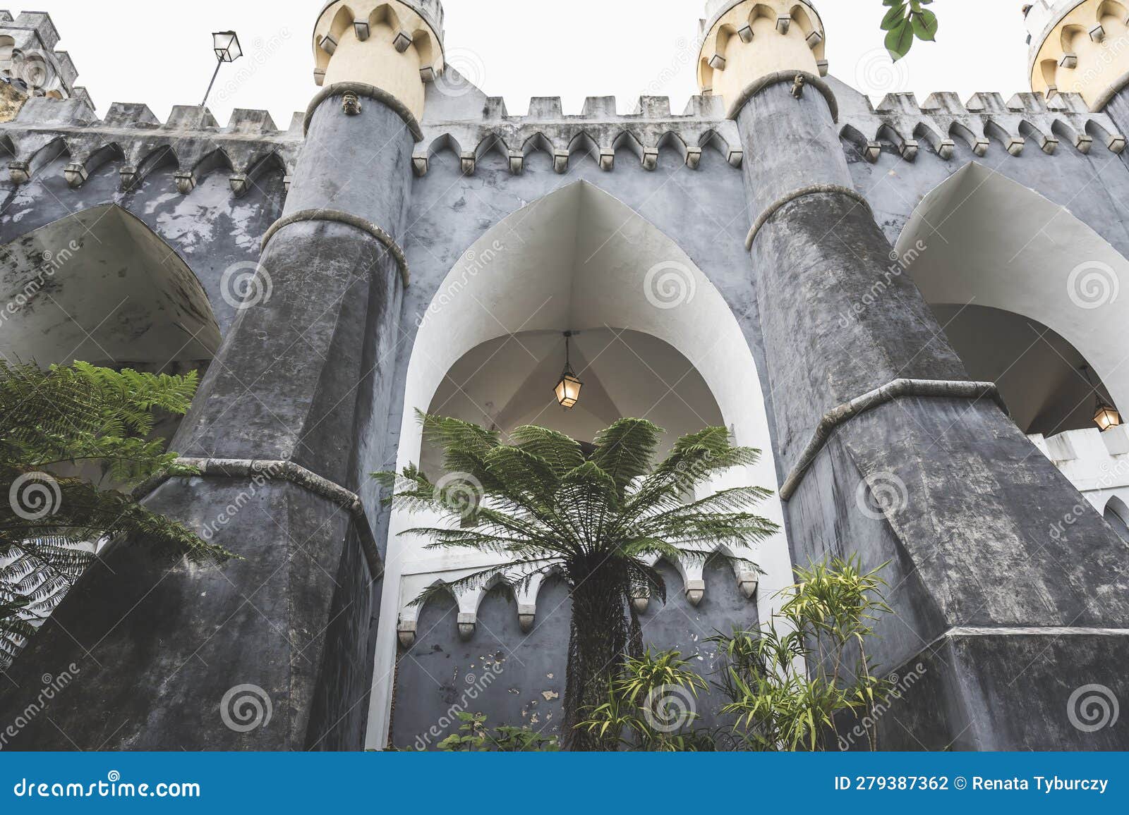 Wall with Columns and Arched Opening in a Palace or Castle with Palm ...
