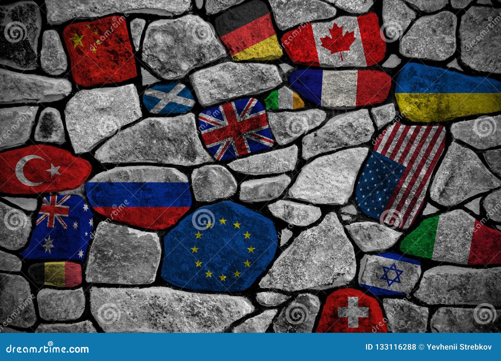 Wall Consisting of Stones Painted in Different Flags of the World Stock ...