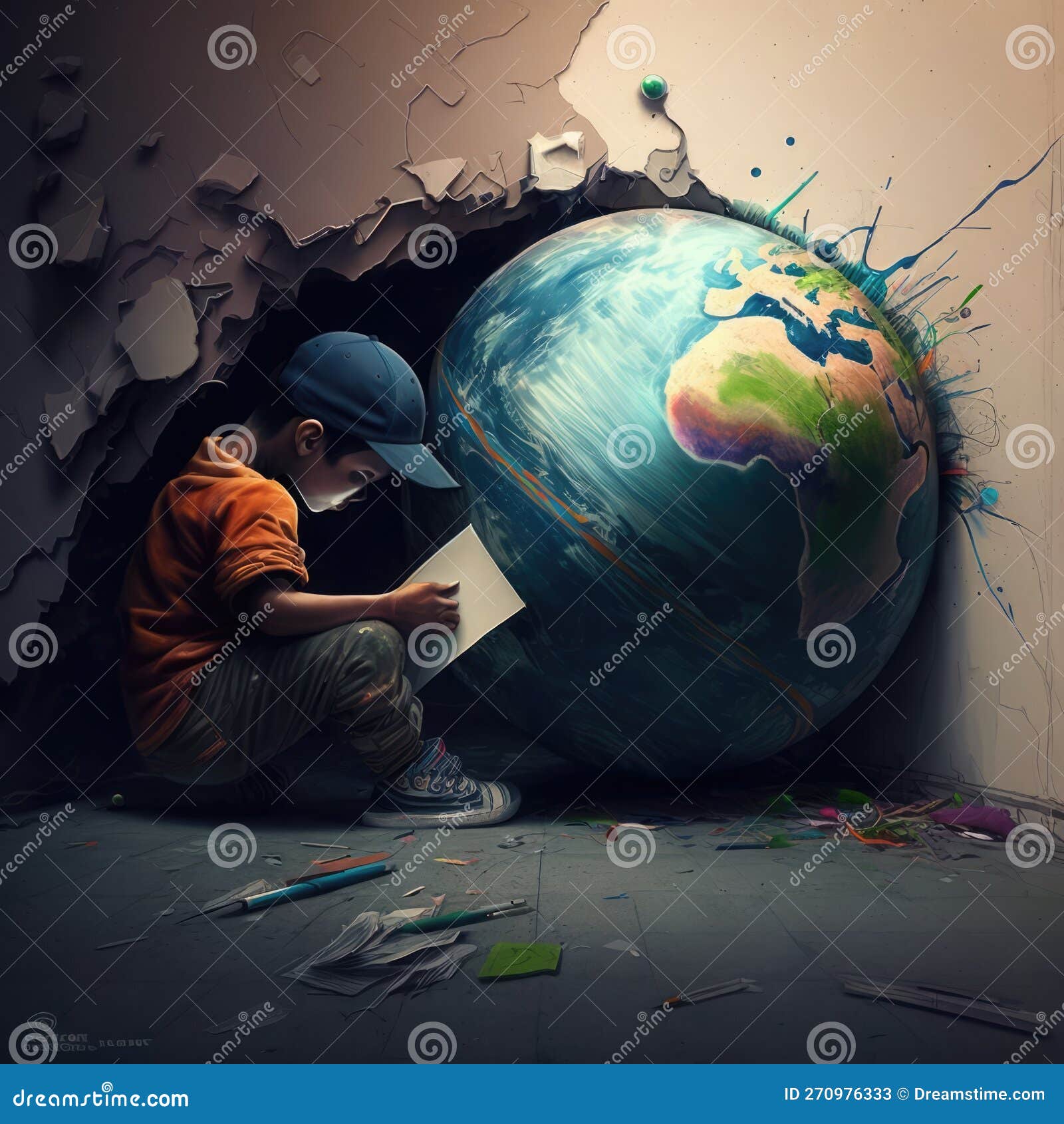 Wall Covered in Graffiti with Caucasian Boy and Globe Created Using ...