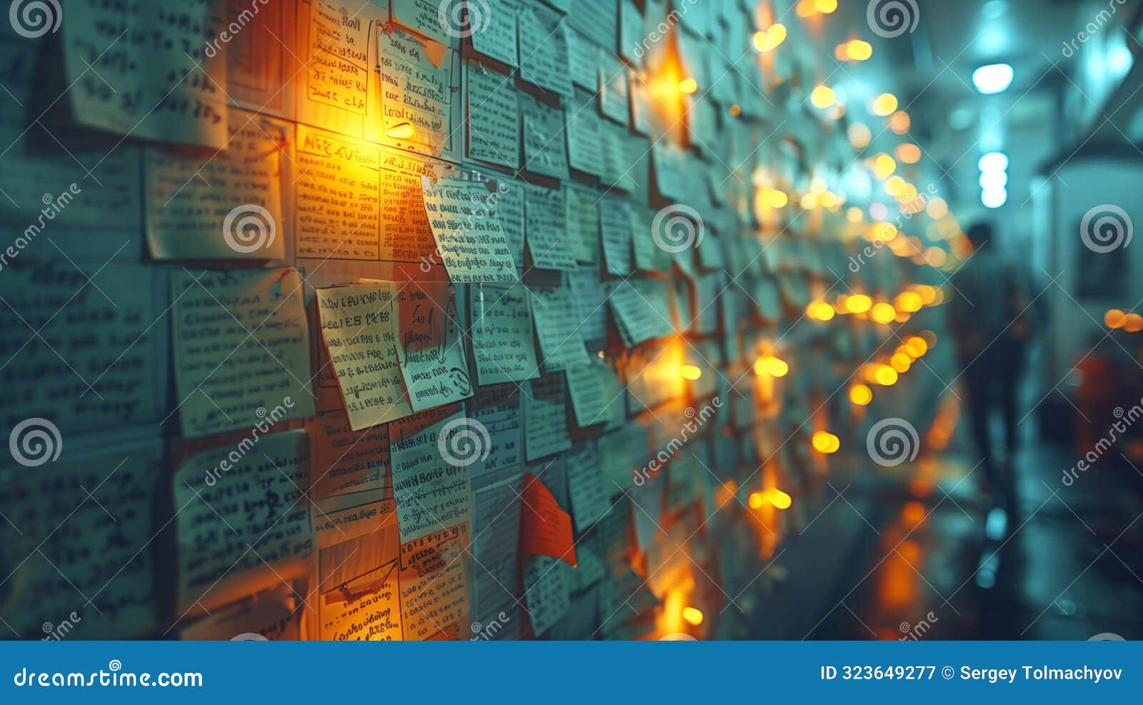 Wall Covered in Handwritten Notes with String Lights in a Dark Alley ...