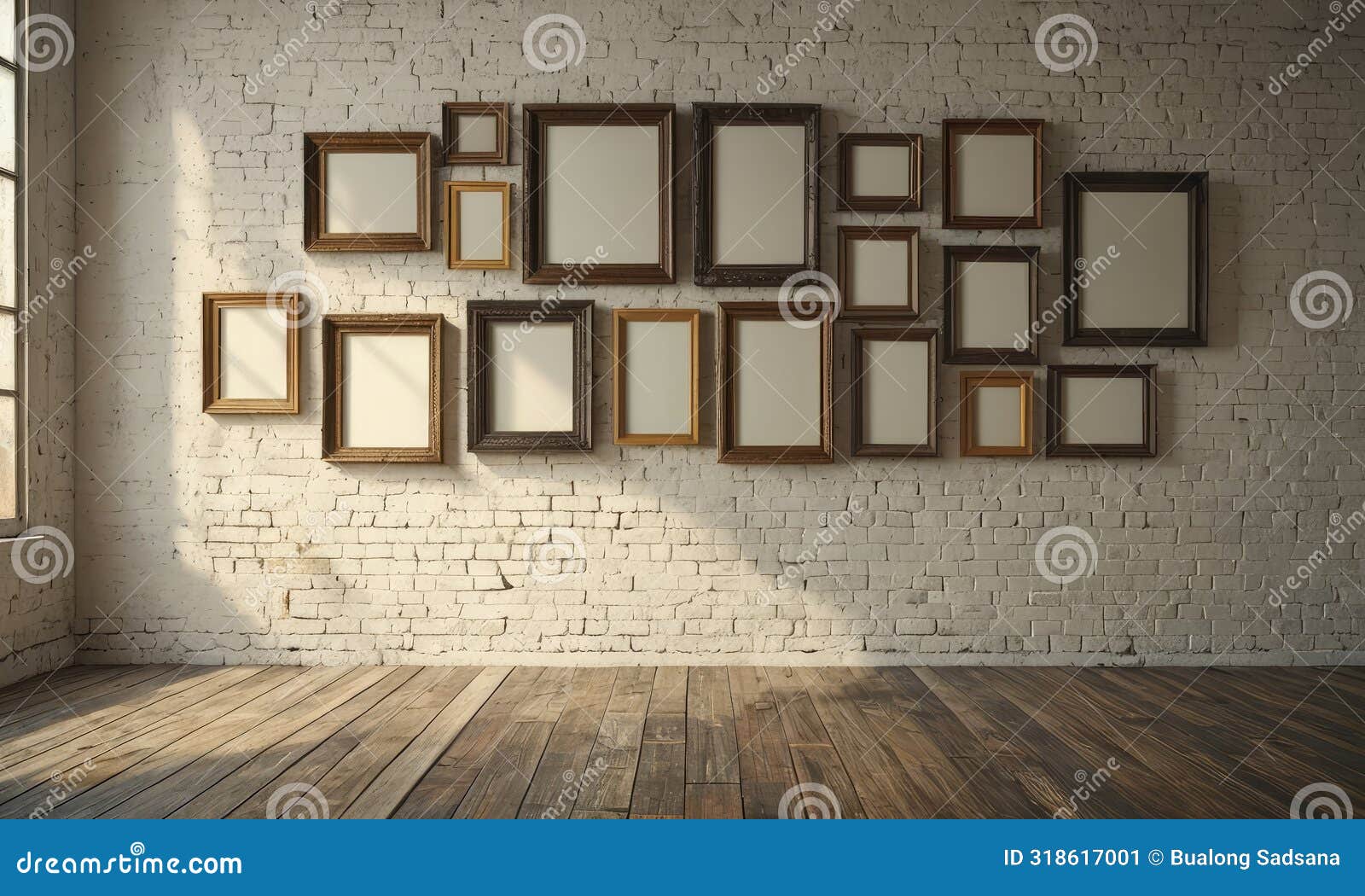 A Wall is Decorated with Many Frames, Including Some with White Borders ...
