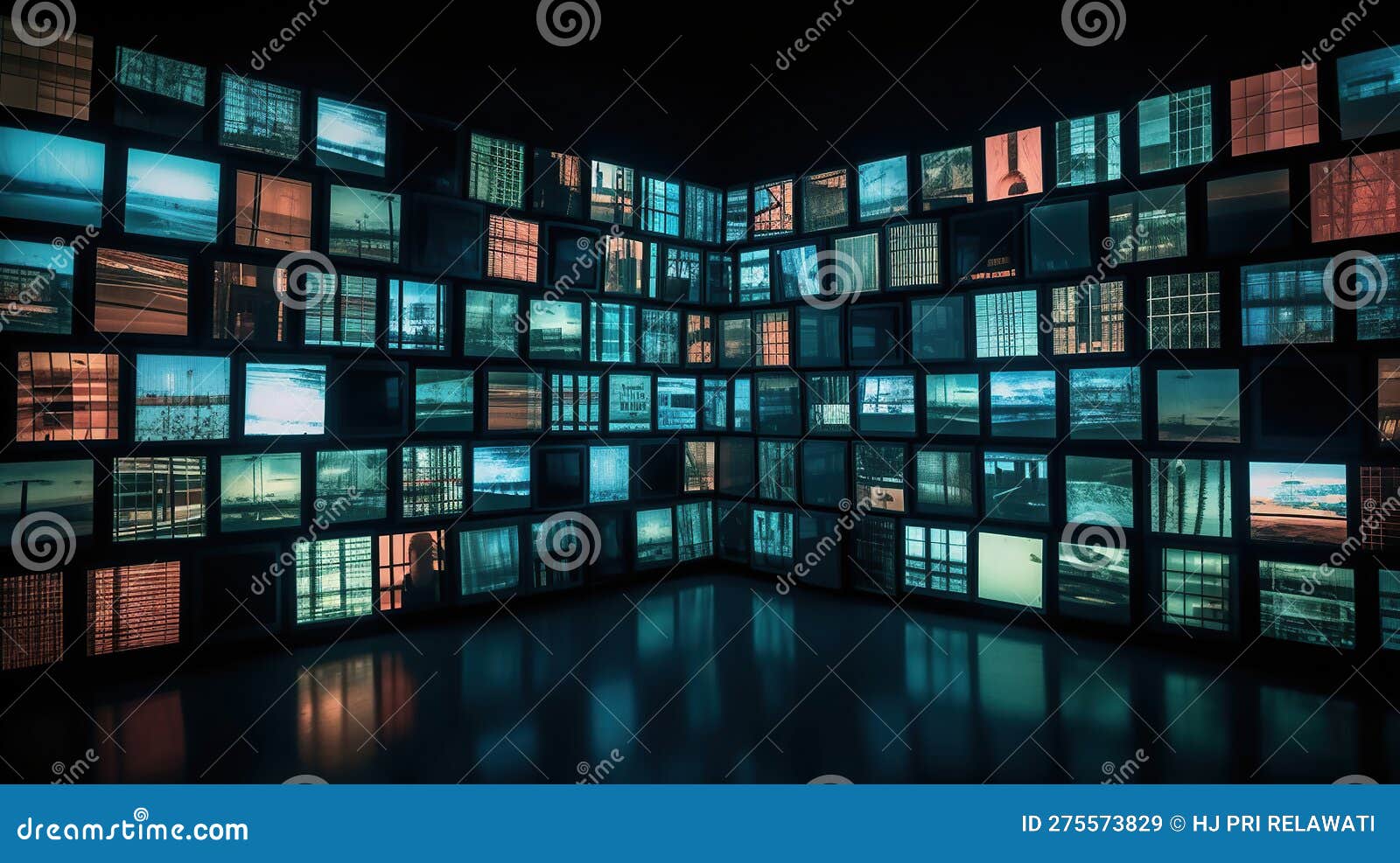 Wall of Different Size TV with Glowing Screens. Generative Ai Stock ...