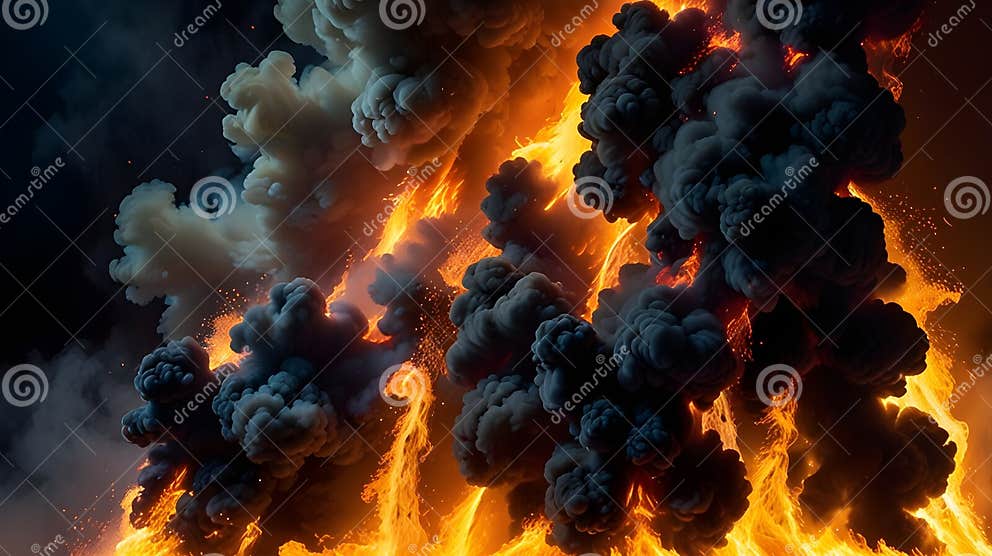 A Wall of Fire with Wisps of Smoke Drifting Upward into a Void Stock ...