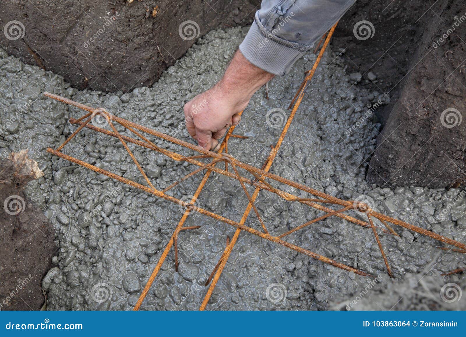 Wall Foundation Making, Worker Hand Concrete and Reinforcement Stock ...