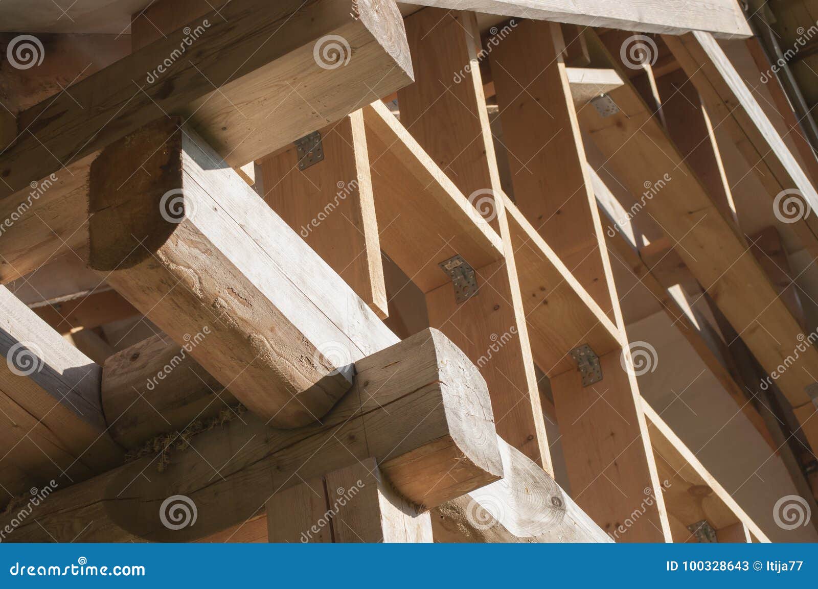 Wall Frame Construction on Log House Attic Stock Image - Image of ...