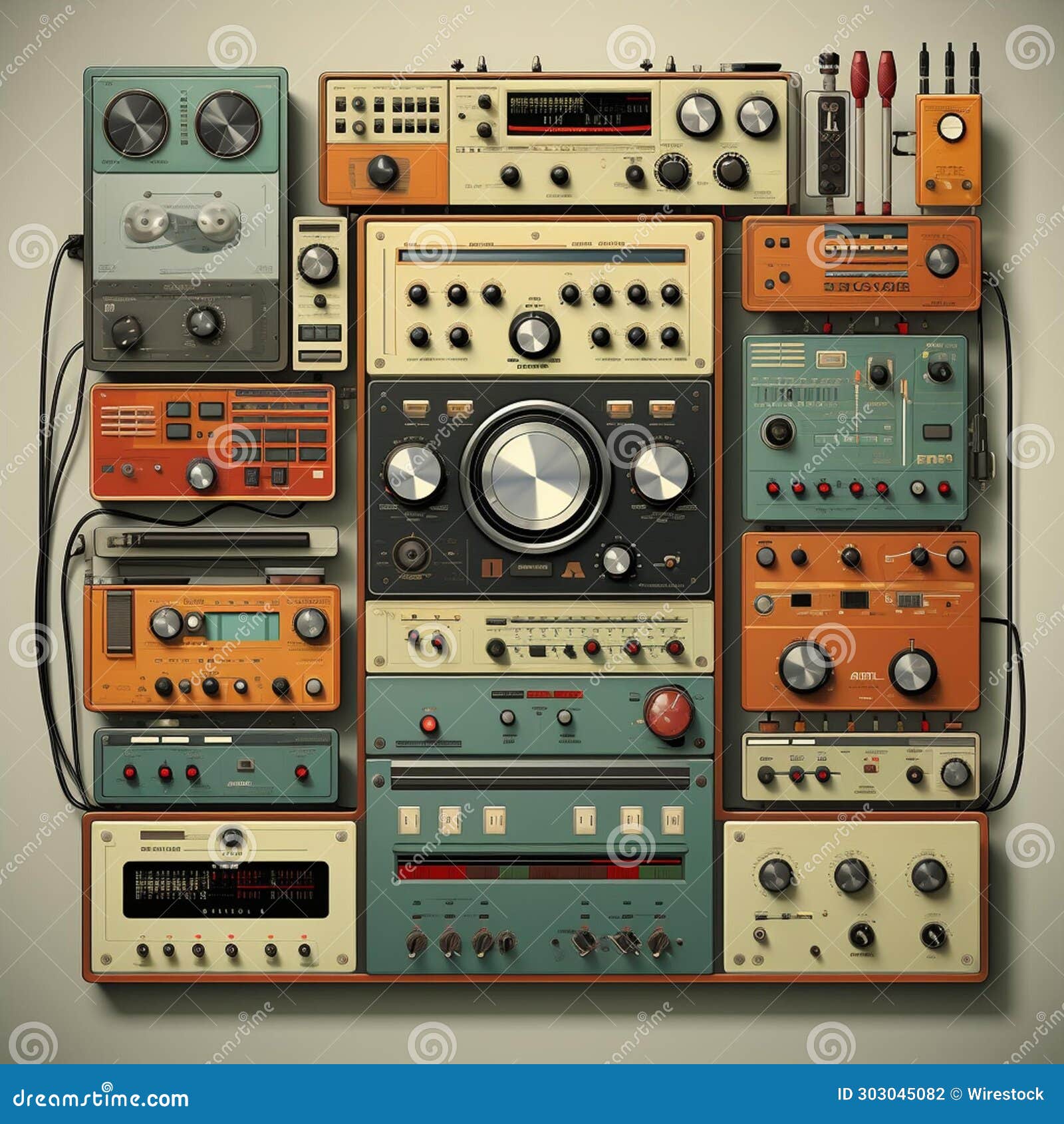 A Wall Full of Different Types of Radio Machines and Speakers Stock ...