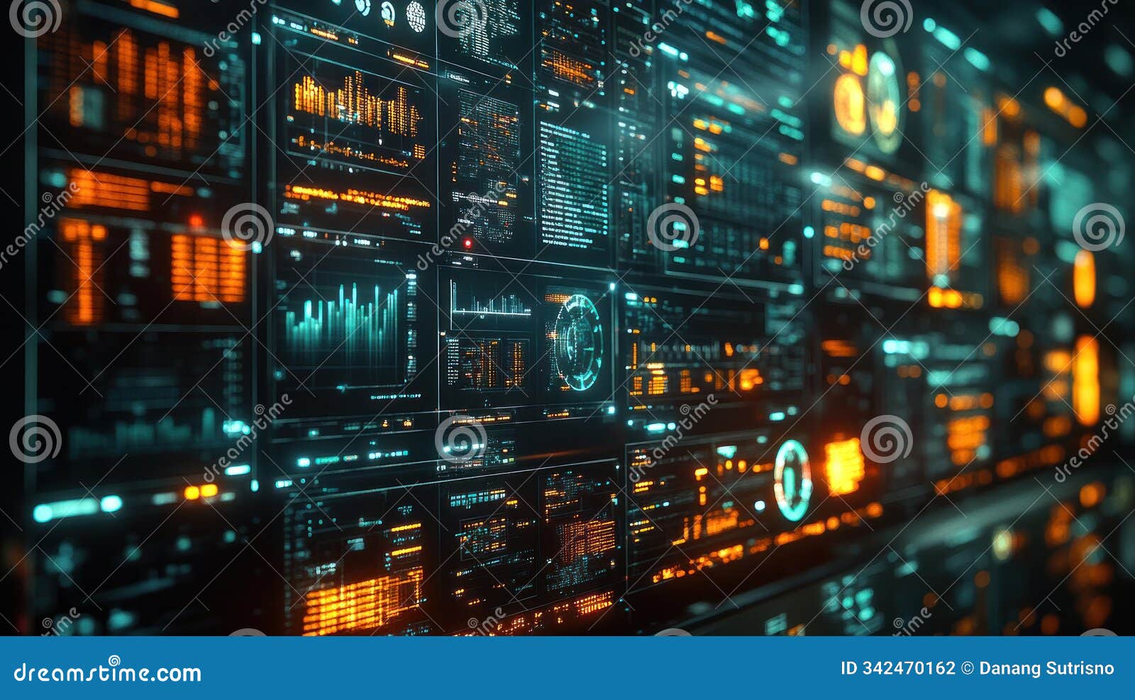 A Wall of Glowing Digital Displays with Data, Charts, and Graphs ...