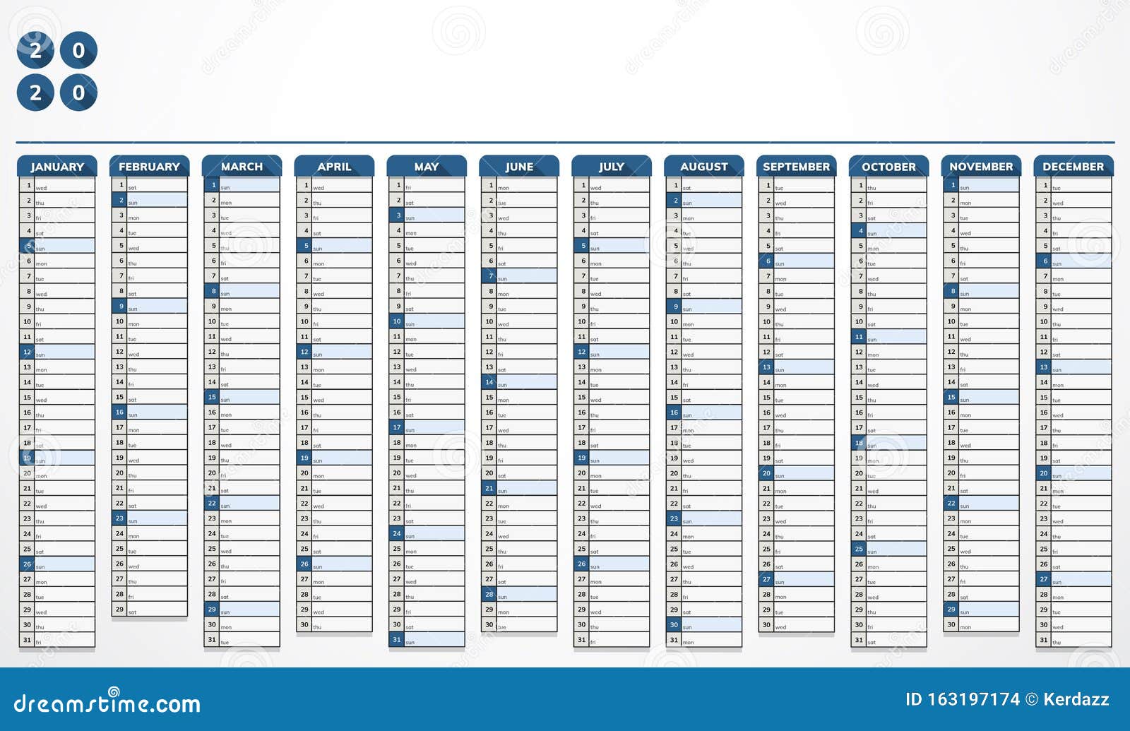 Wall Horizontal Calendar for Year 2020 in Blue Design Stock Vector ...