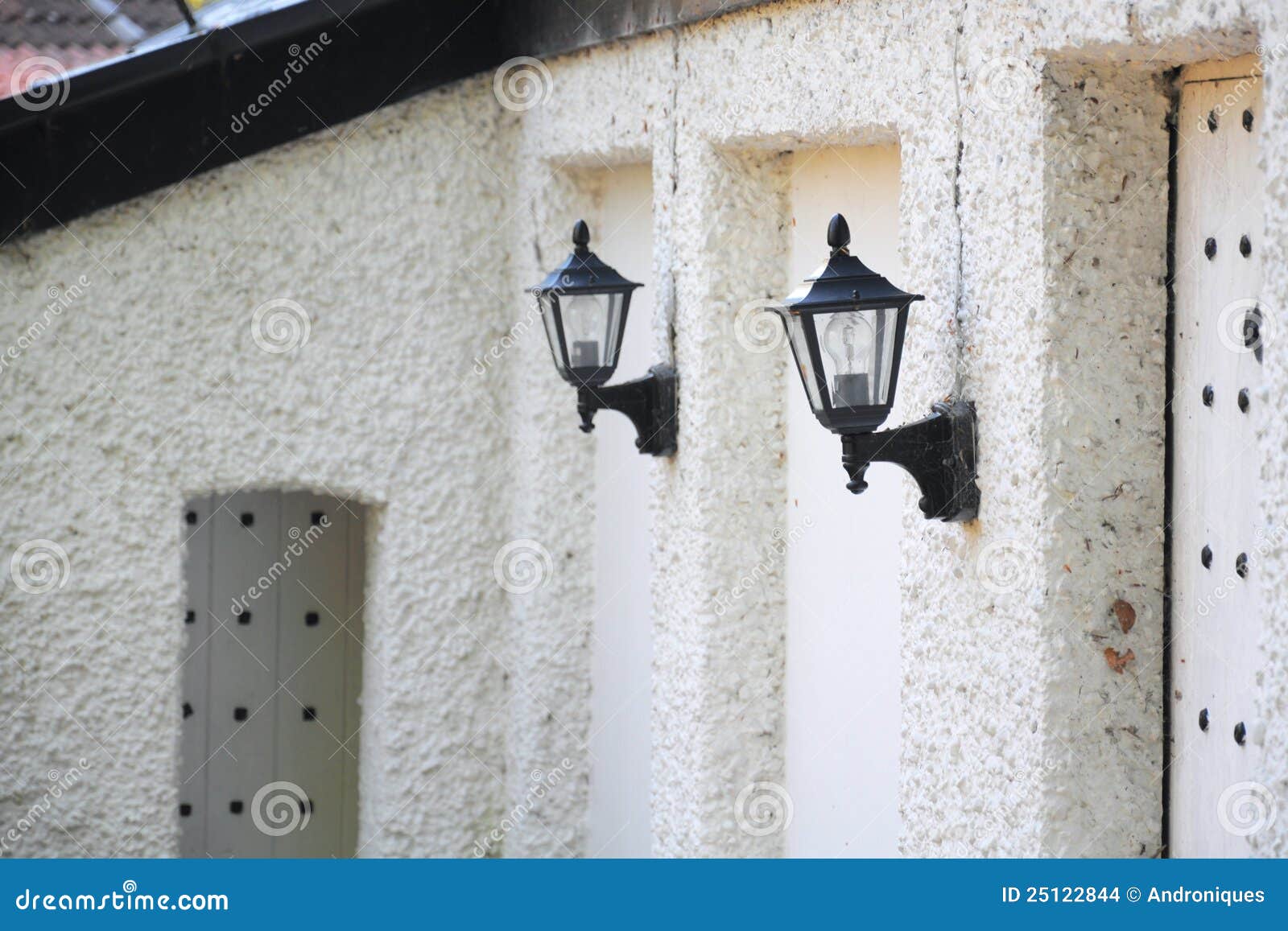 Wall Lanterns on Old House, Perspective View Stock Photo - Image of ...
