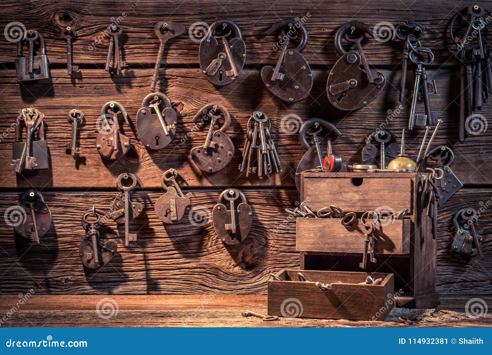 Wall of Locks and Keys in Locksmiths Workshop Stock Image - Image of ...