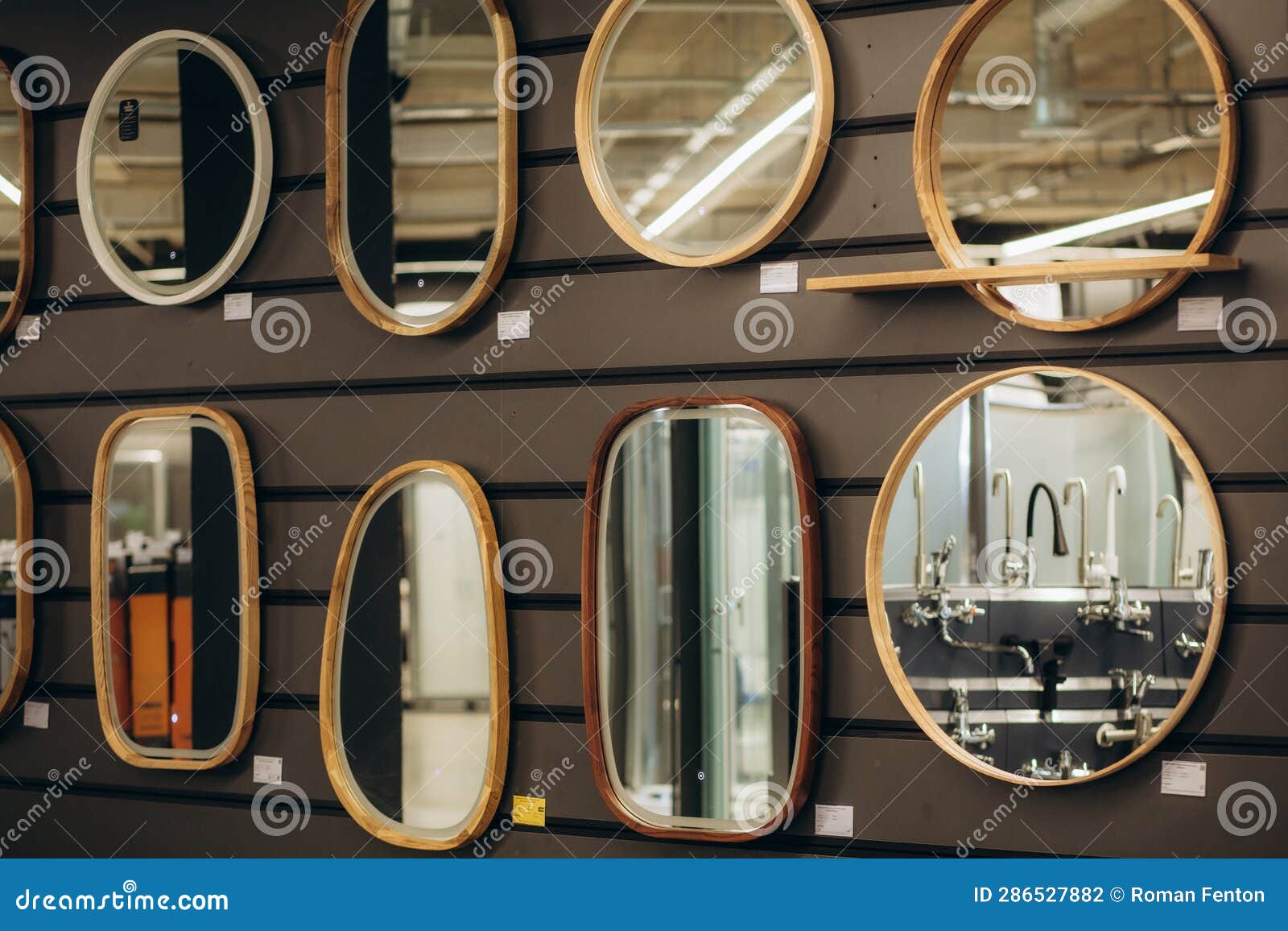 A Wall with Many Mirrors in a Shop Stock Photo - Image of visual ...