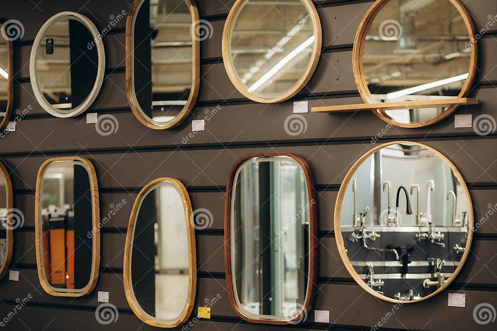 A Wall with Many Mirrors in a Shop Stock Photo - Image of visual ...