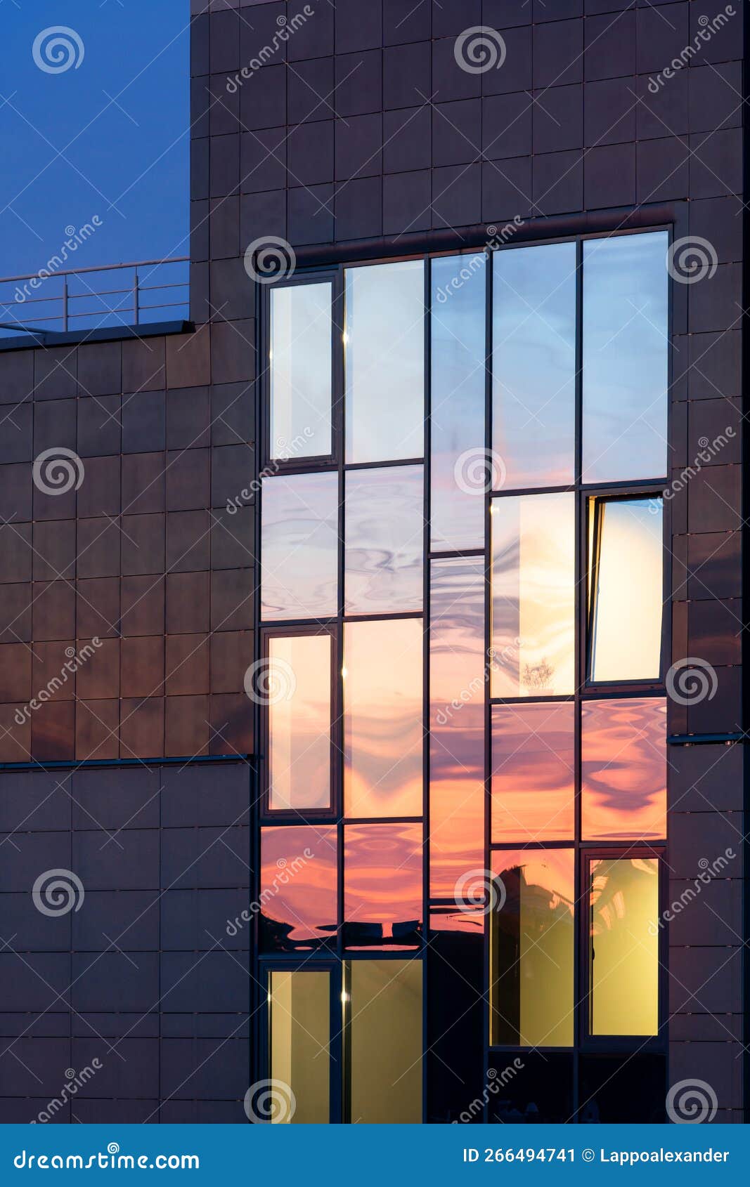 Wall of a Modern Building. Sunset Reflection in the Window Stock Image ...